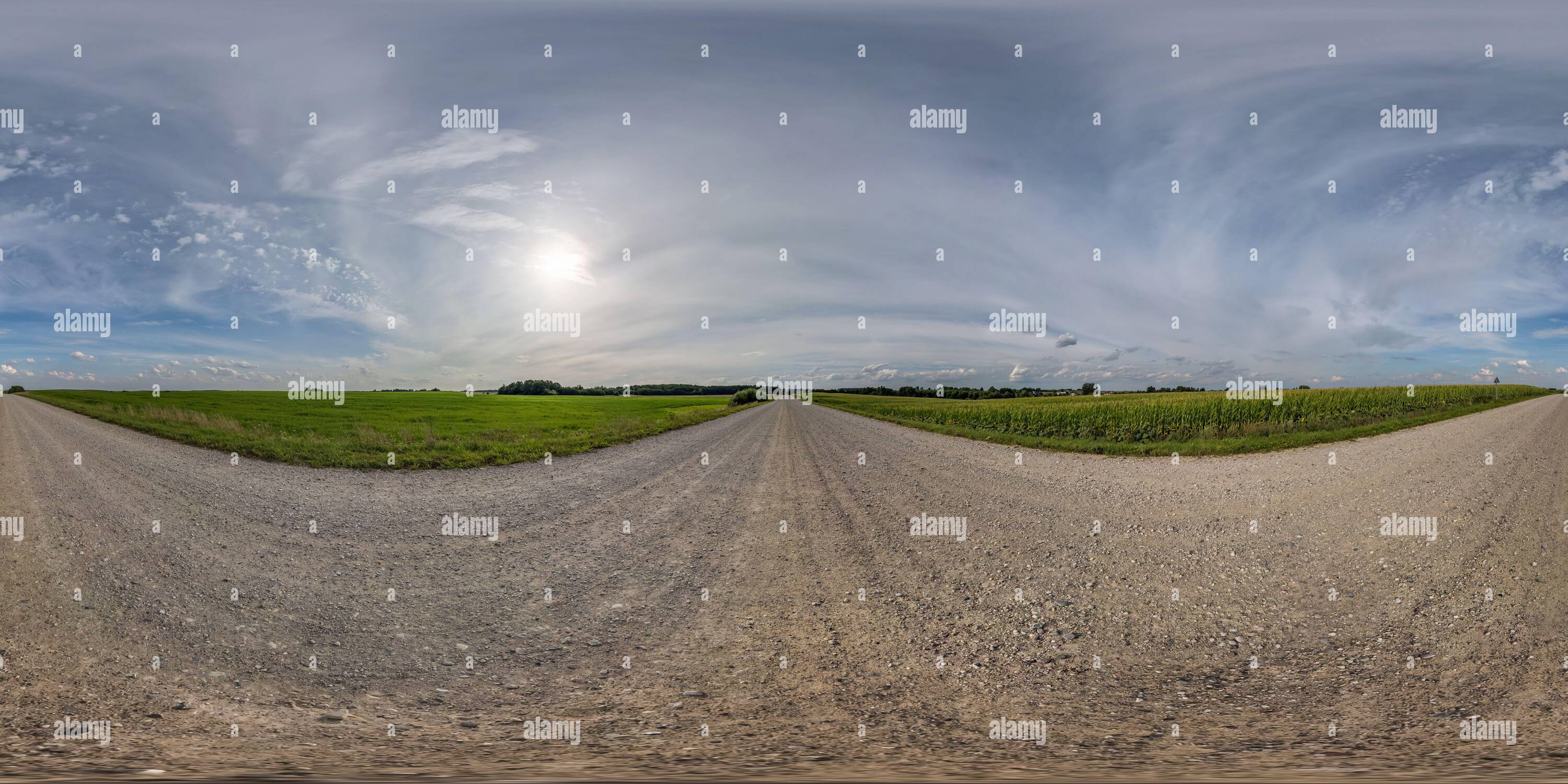 360° view of 360 hdr panorama on no traffic yellow sand gravel road ...