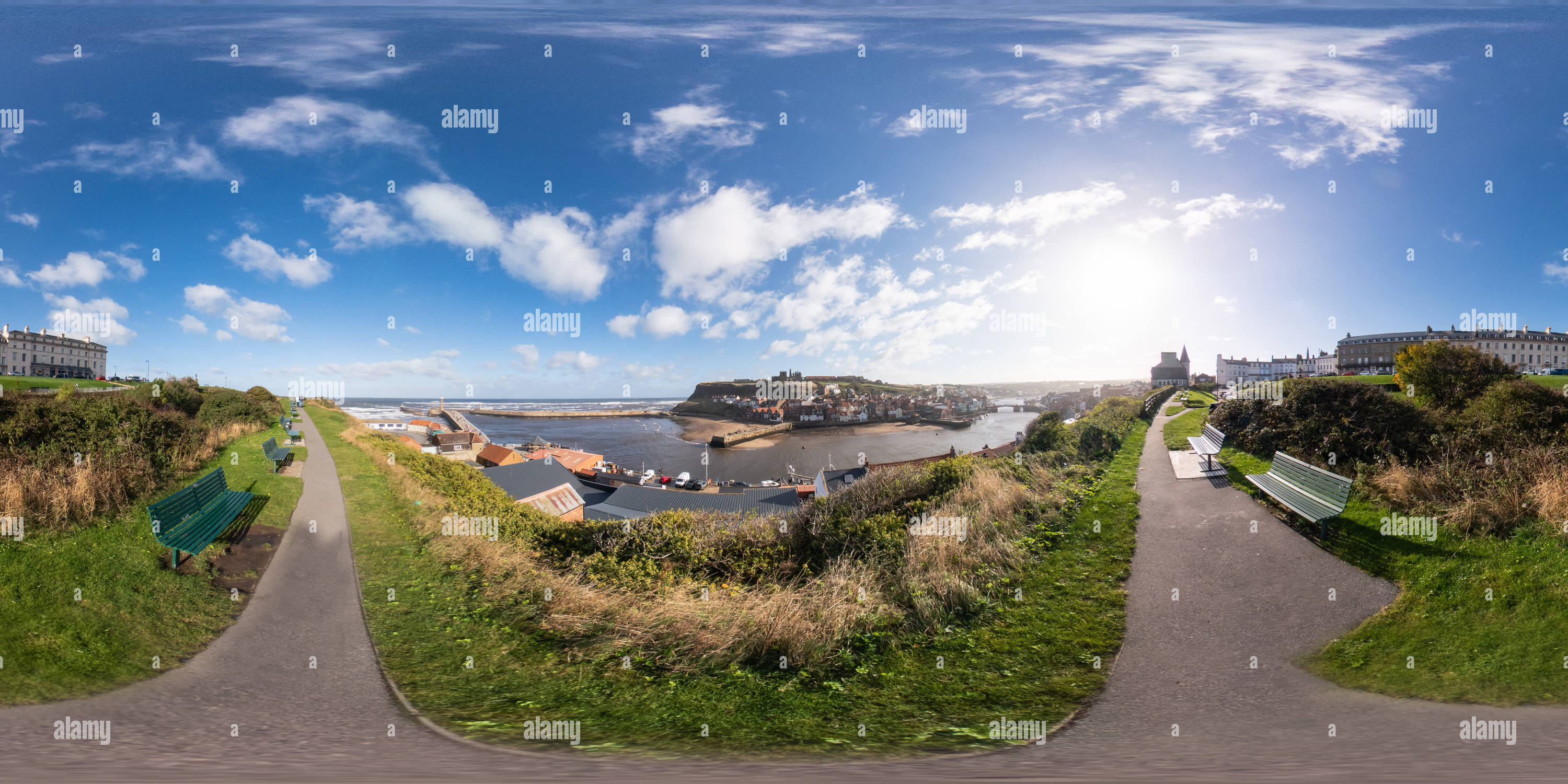 360° view of On the cliffs looking down across Whitby Harbour - Alamy