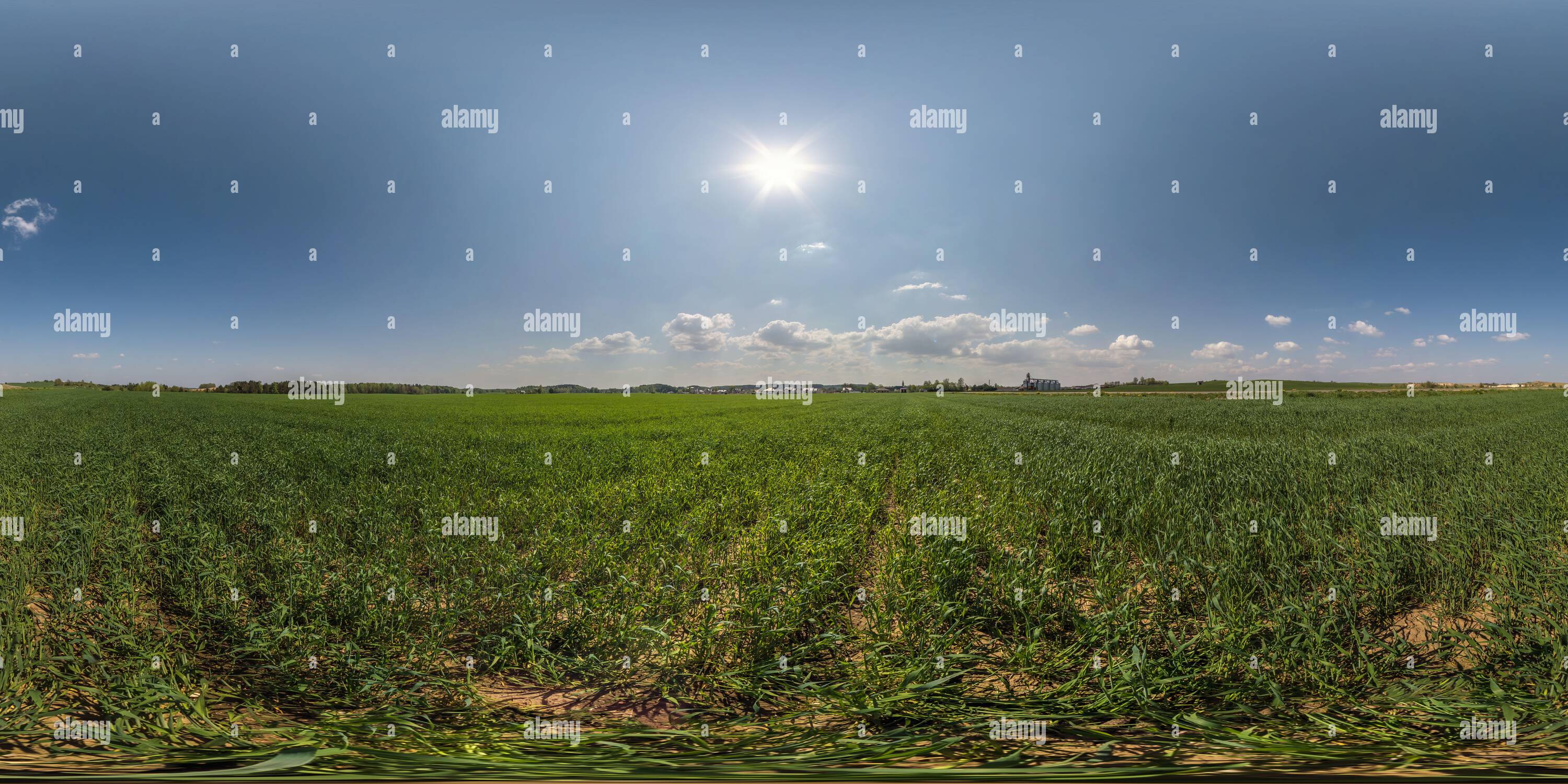 360° view of 360 hdri panorama view among farming fields with sun ...