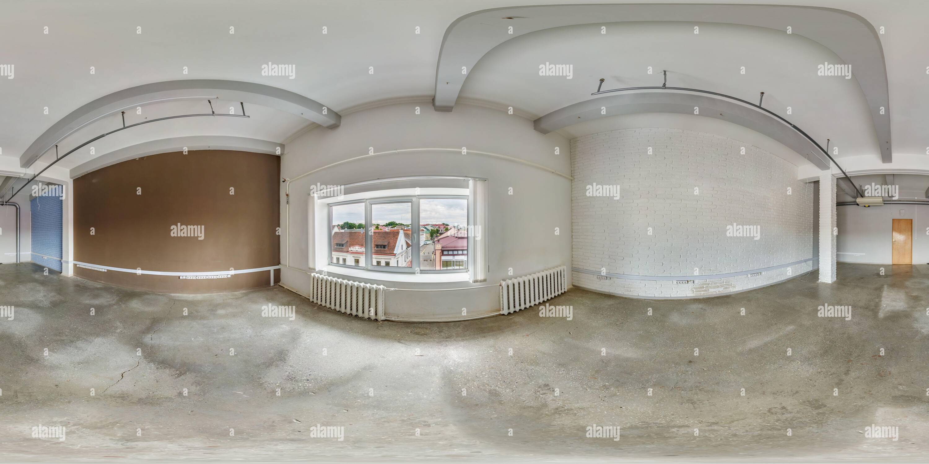 360° view of empty room with repair and brick walls in full seamless ...