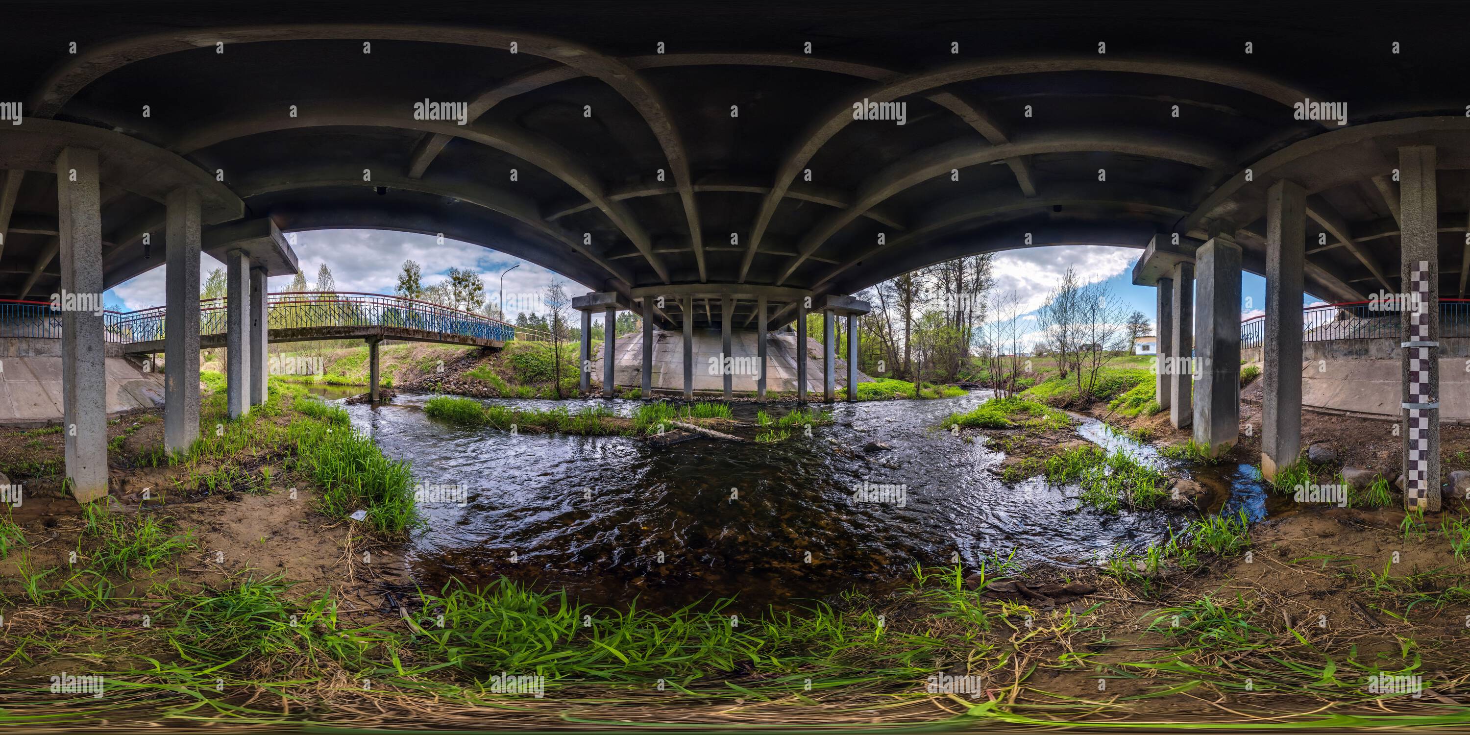 360° view of full hdri 360 panorama under concrete bridge with columns ...