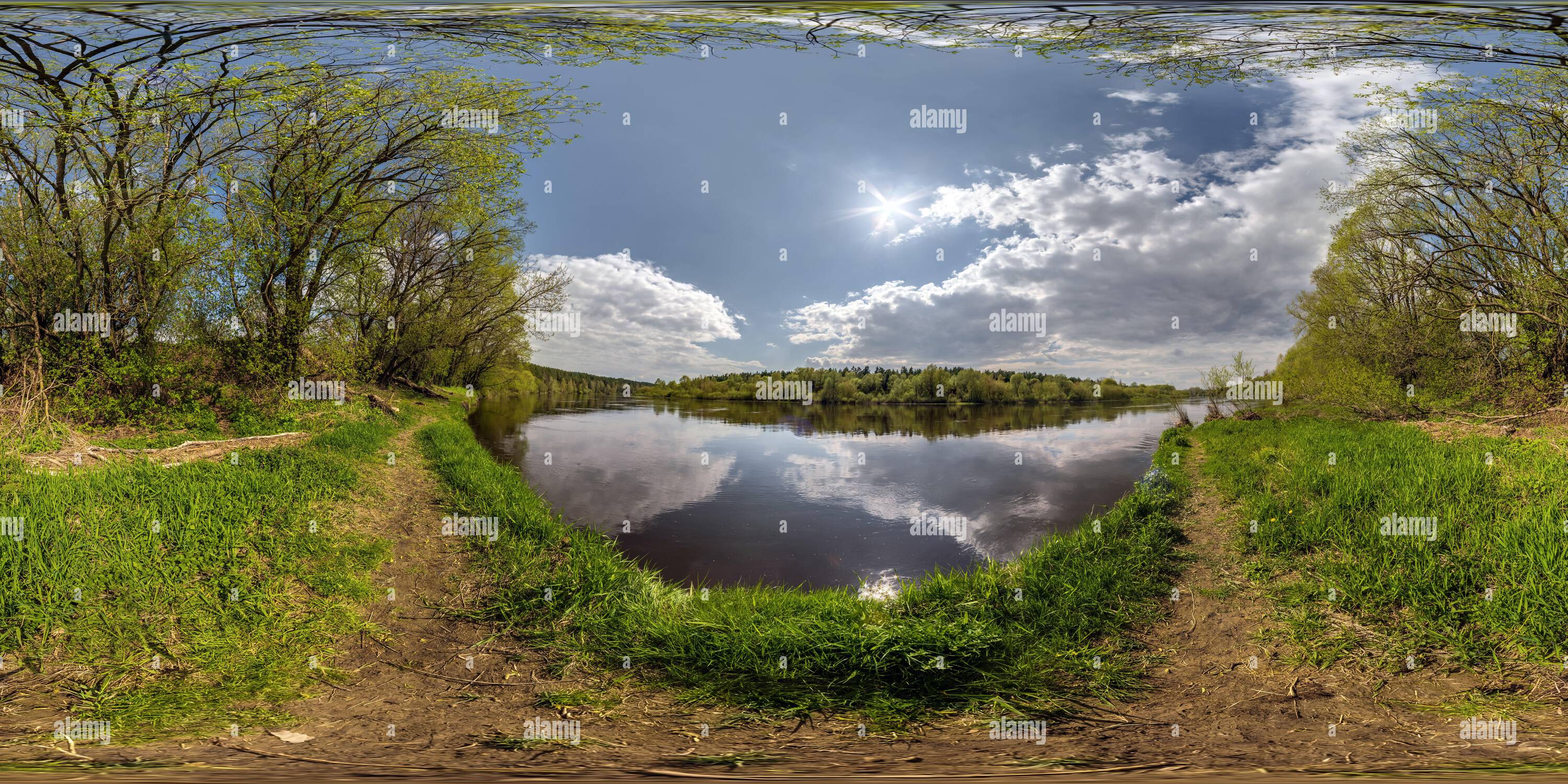 360° view of full seamless hdr 360 panorama view on bank of wide river ...