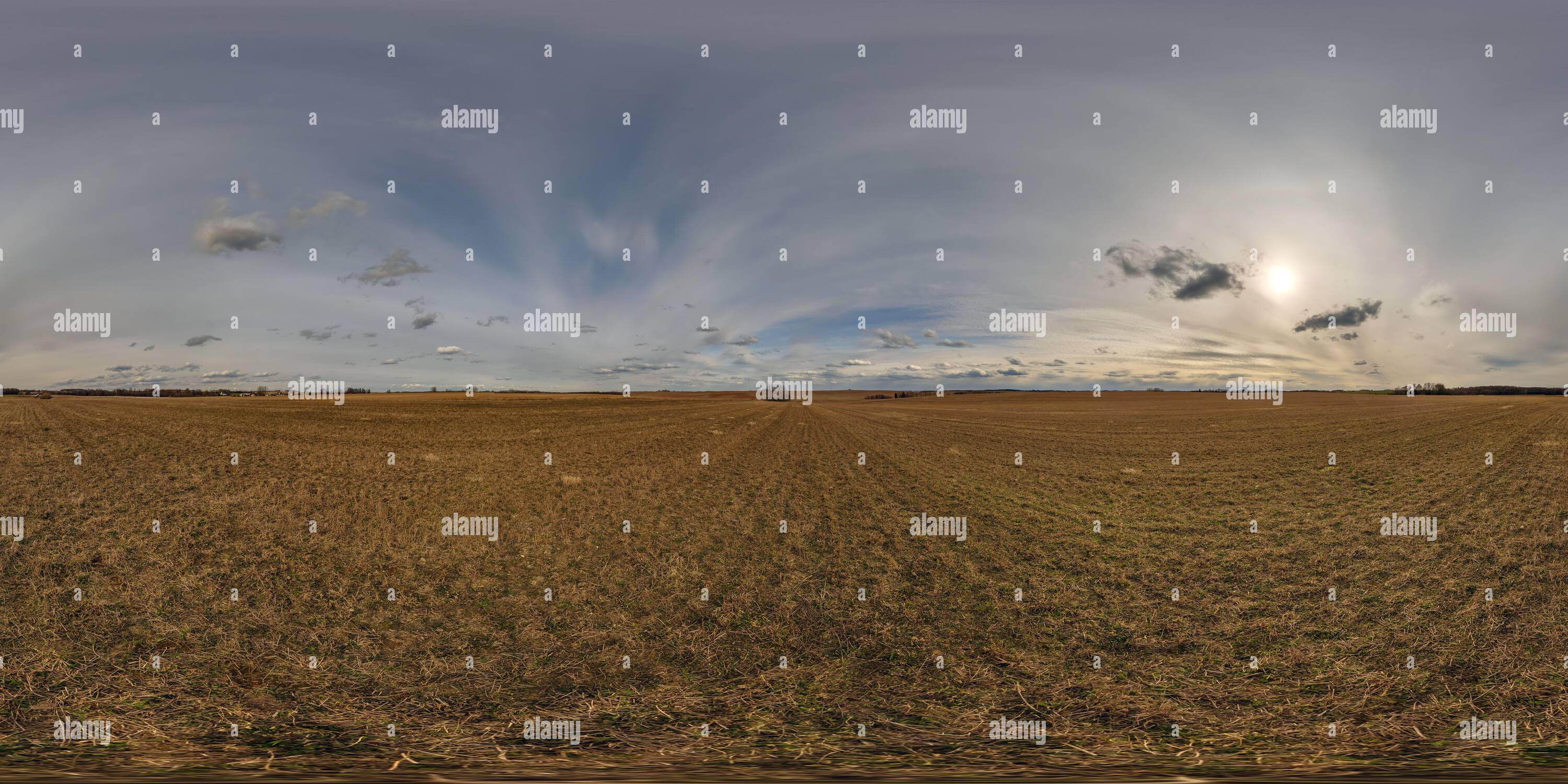 360° view of 360 hdri panorama view among farming fields with sun with ...