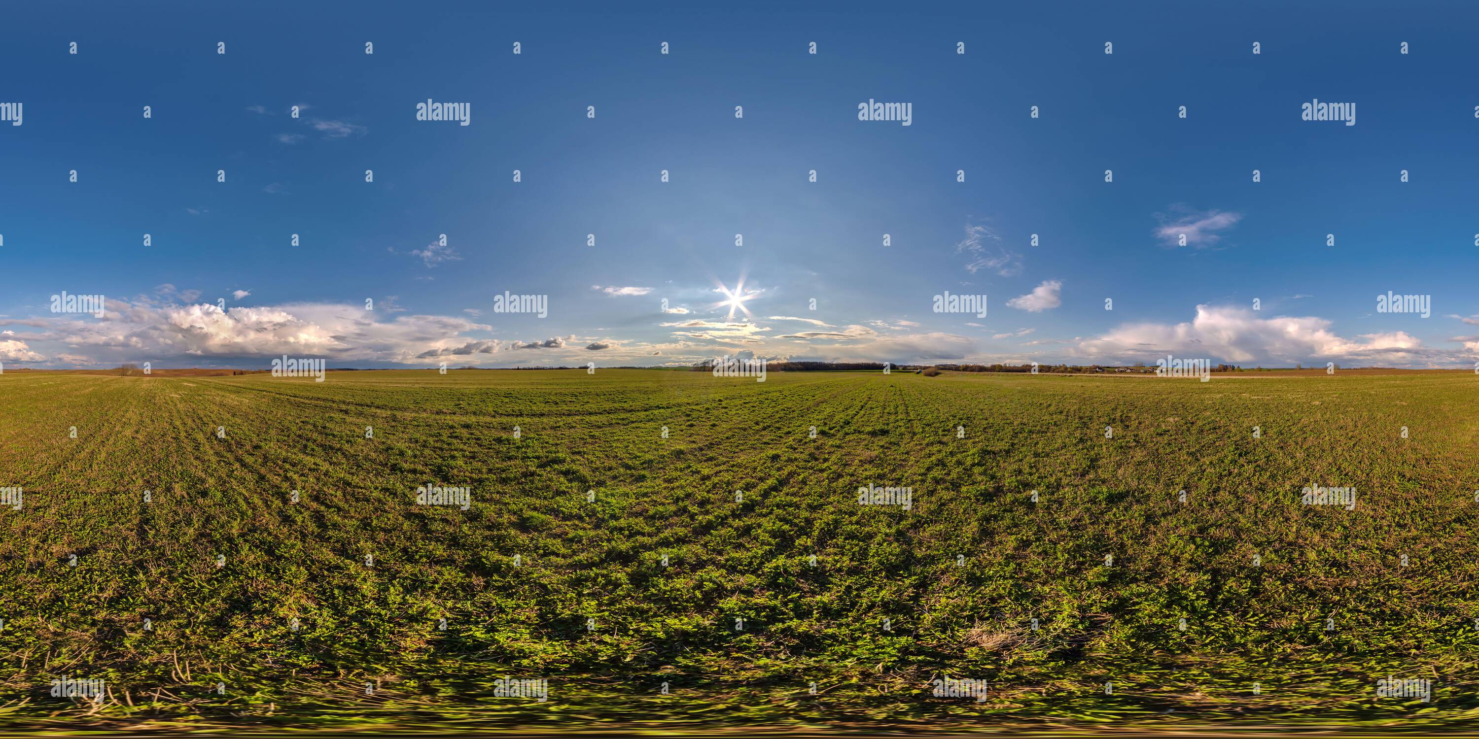 360° view of 360 hdri panorama view among farming fields with sun with ...