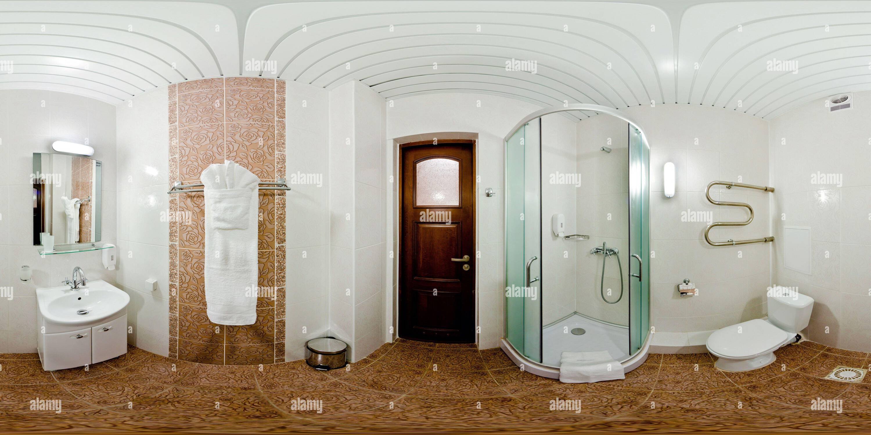 360° view of seamless 360 panorama in interior of bathroom of cheap hotel, flat or apartments ...