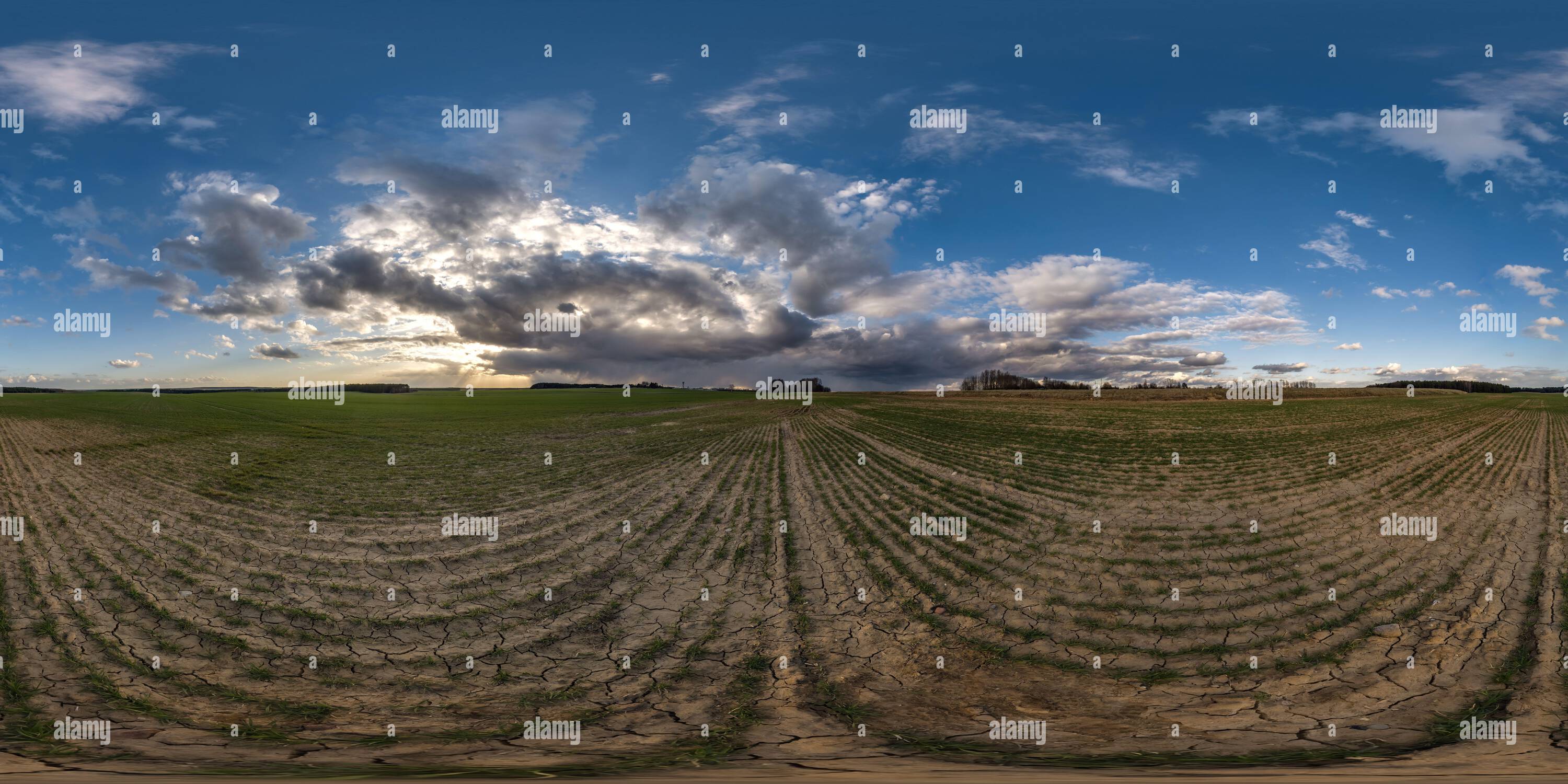 360° view of 360 hdri panorama view among farming fields near village ...