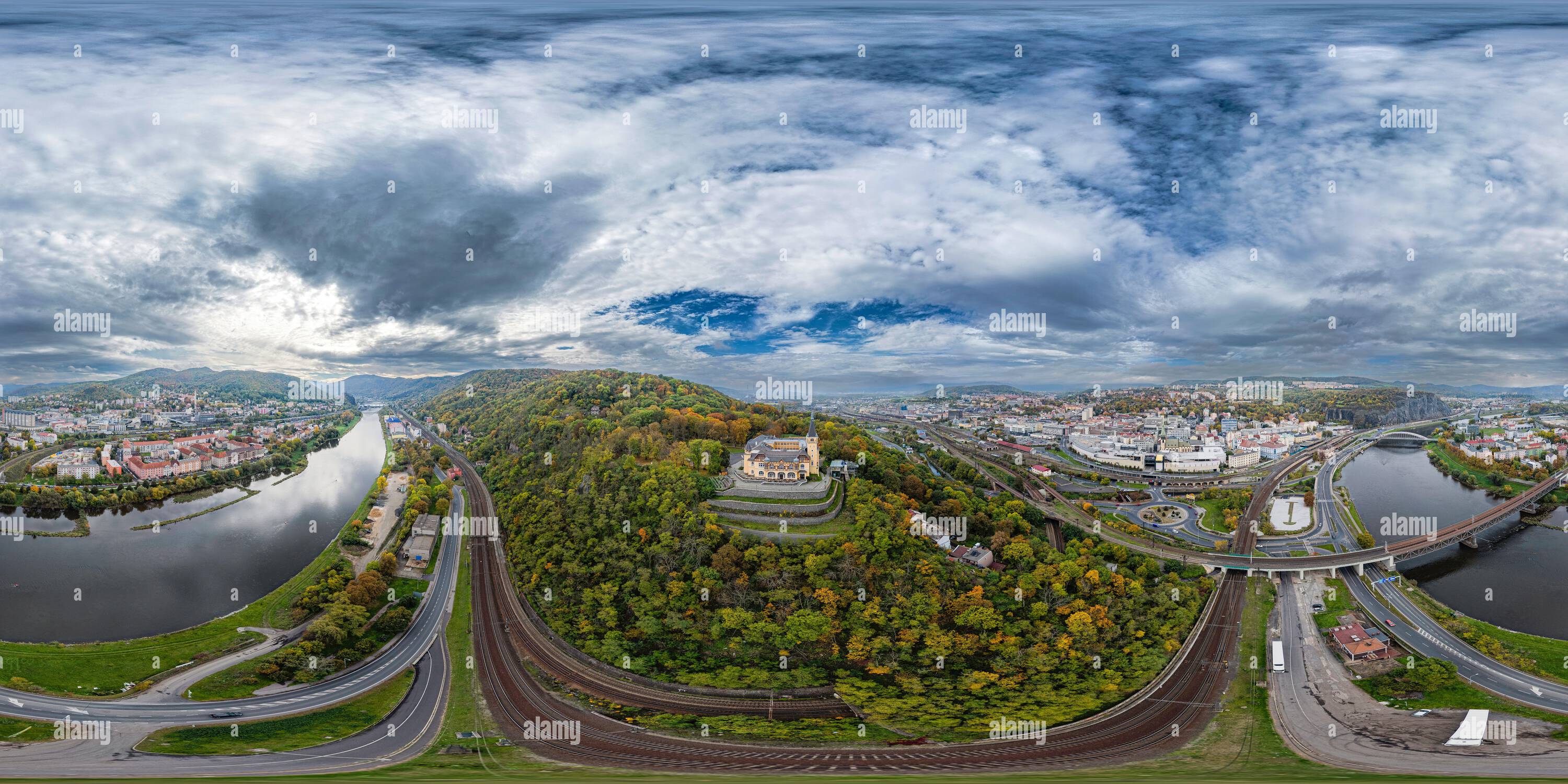 360° view of Vetruse lookout point and hotel over Usti nad Labem city ...