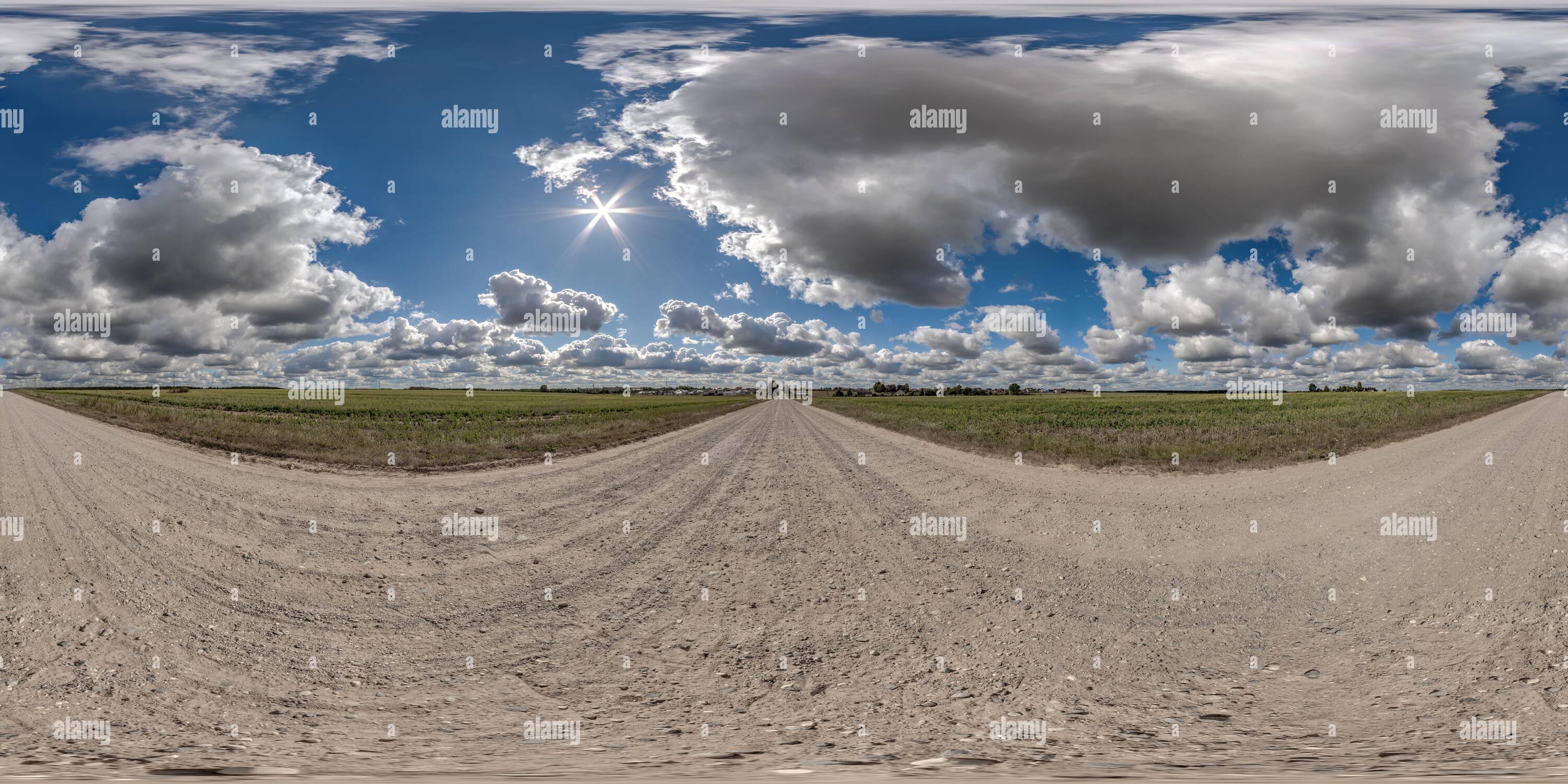 360° view of full hdri 360 panorama on no traffic gravel road among ...