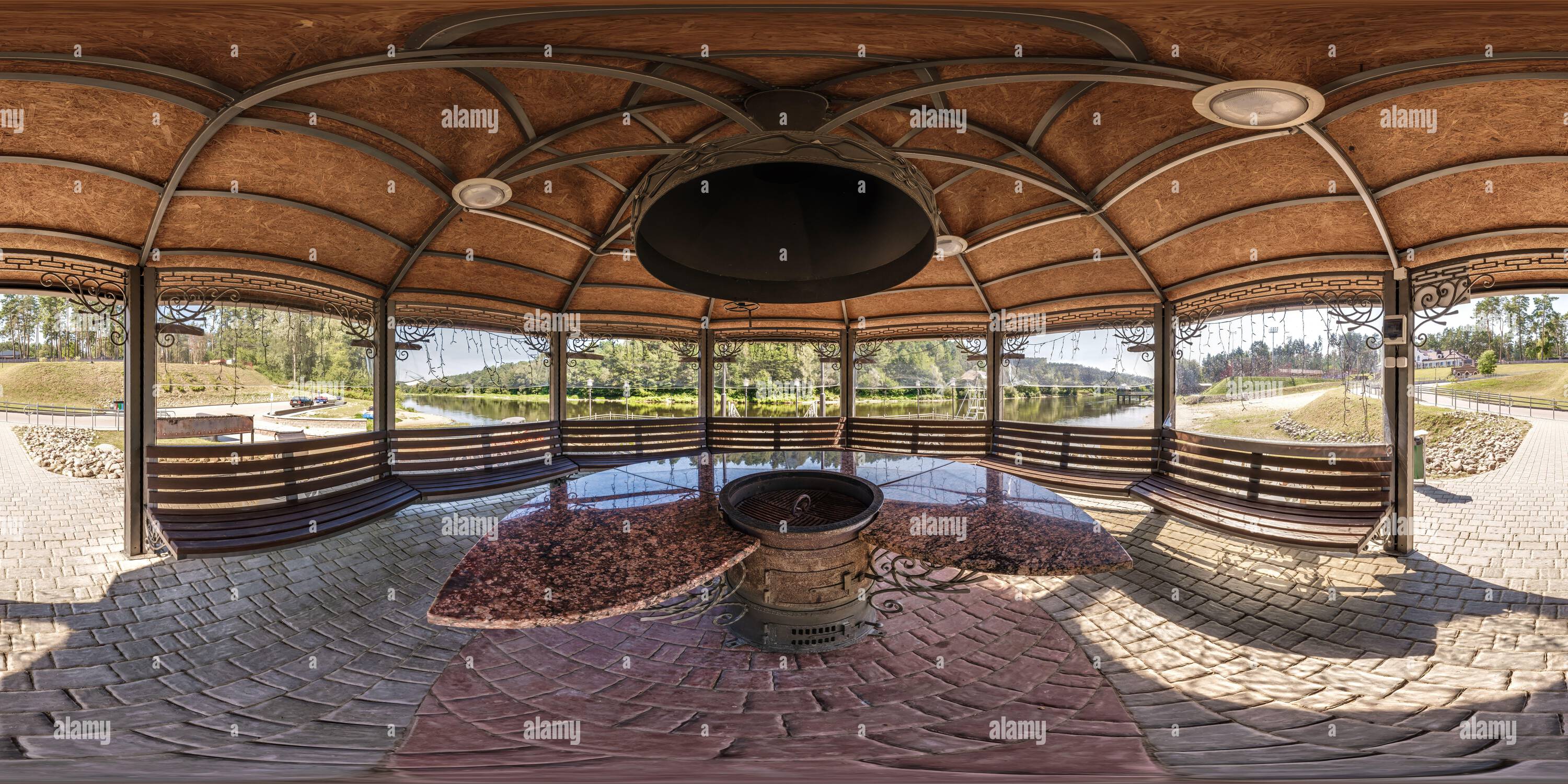 360° view of 360 seamless hdri panorama view inside gazebo near river ...