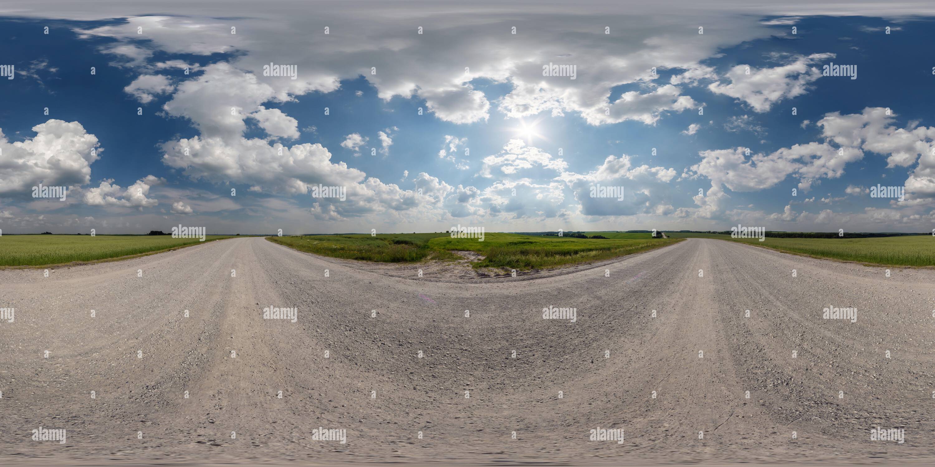 360° view of 360 hdri panorama on no traffic gravel dusty road among ...