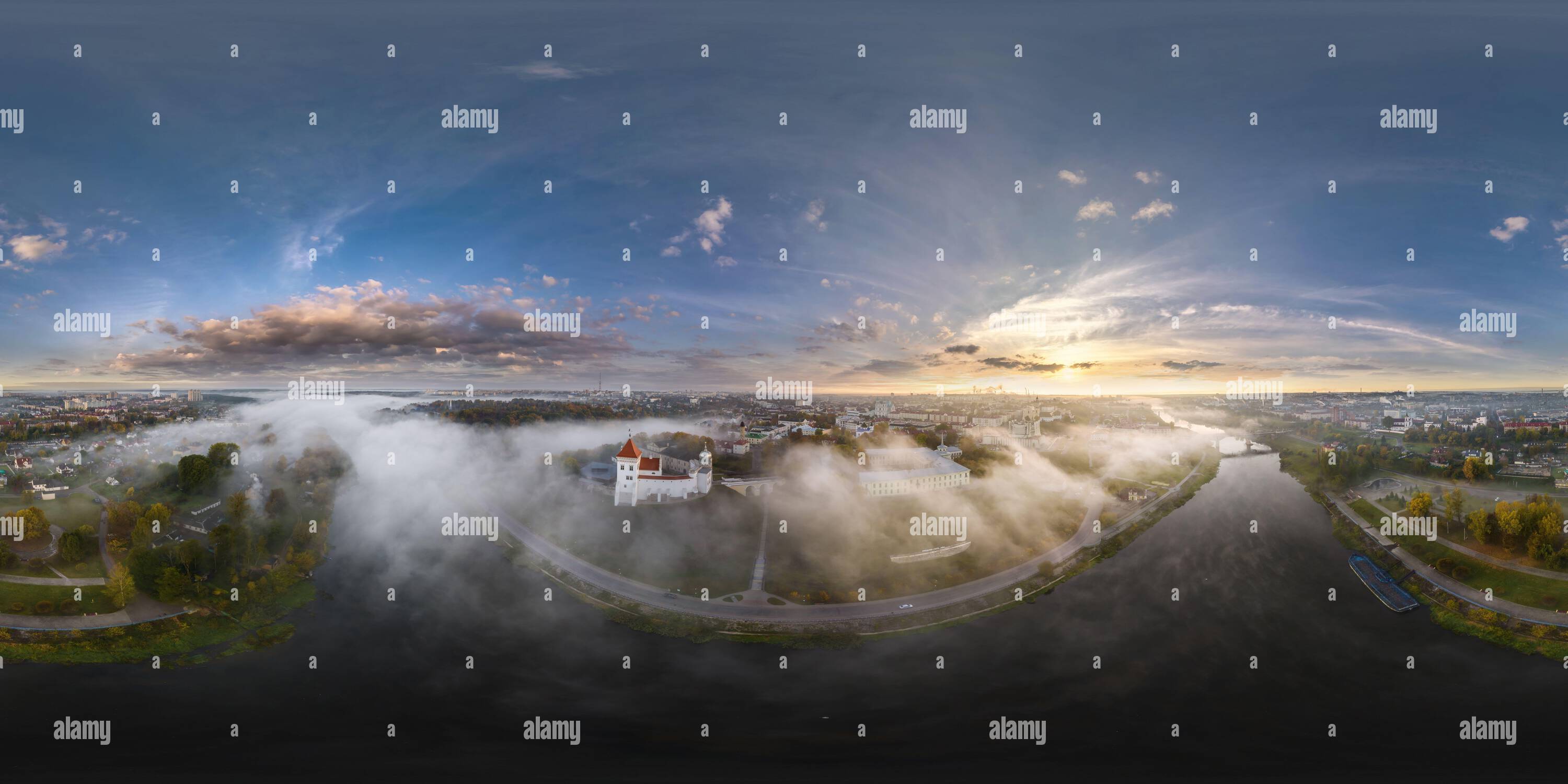 360° view of full hdri 360 panorama of earlier foggy morning and aerial ...