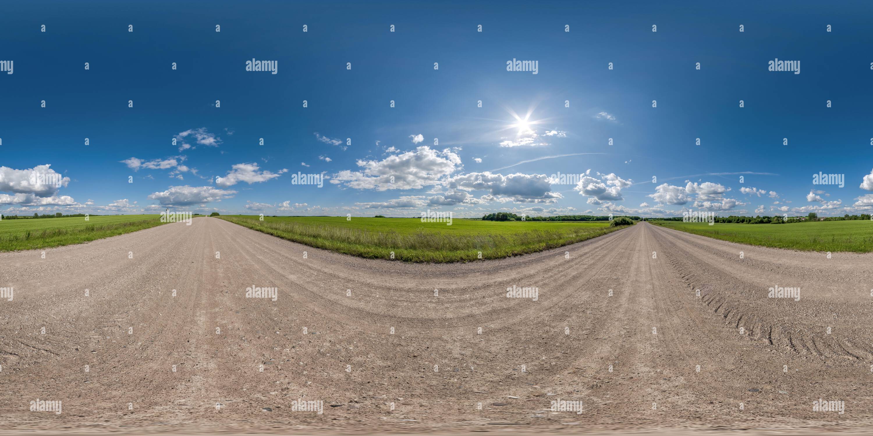 360° view of 360 hdri panorama on no traffic gravel dusty road among ...