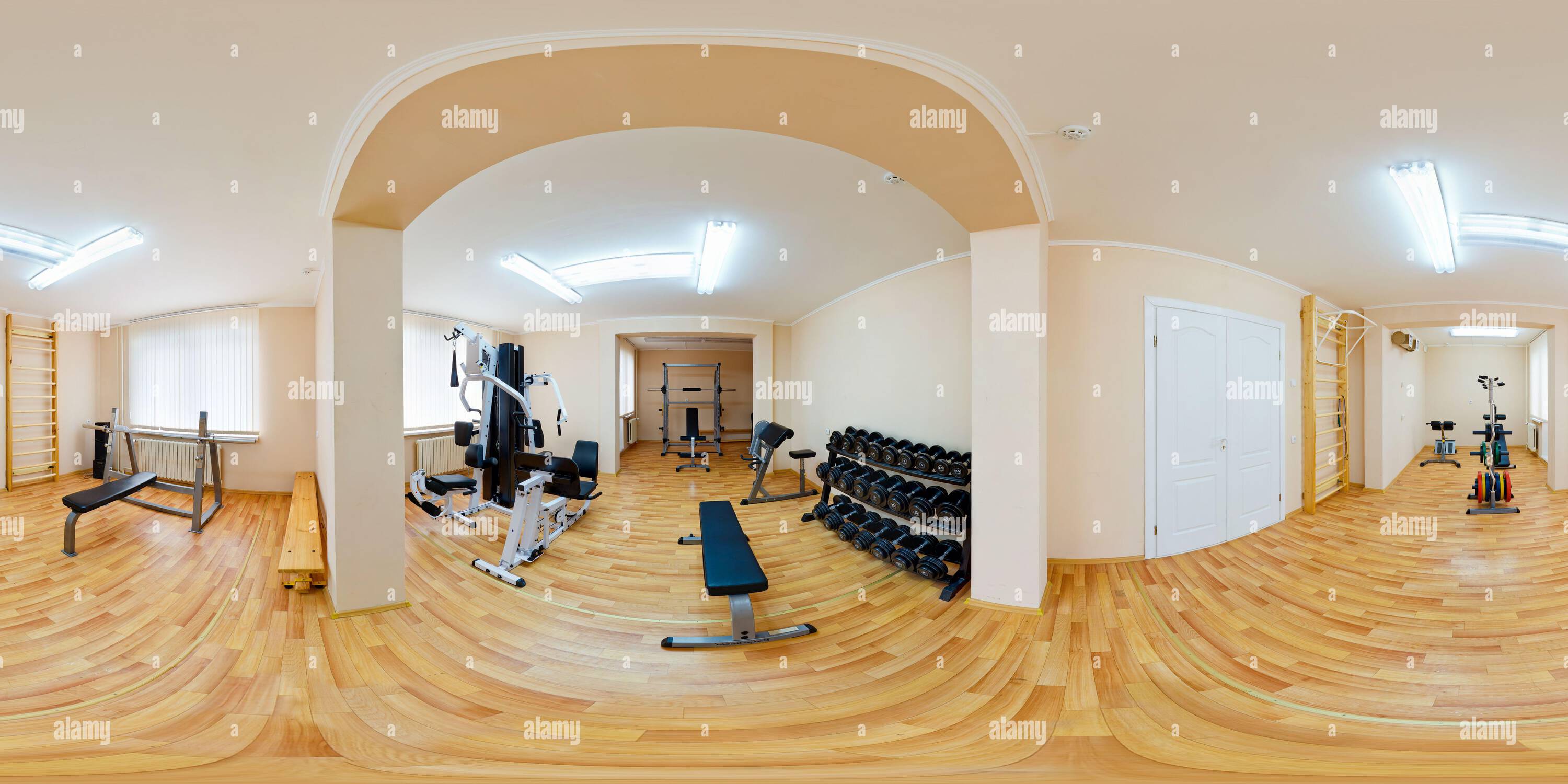 360° view of panorama in interior gym with exercise machines. Full 360 ...