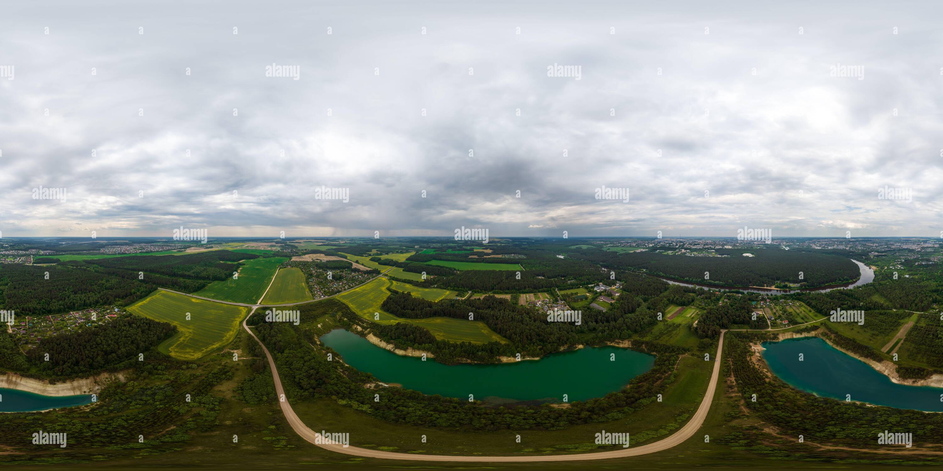 360° view of aerial full seamless hdri 360 panorama over quarry flooded ...