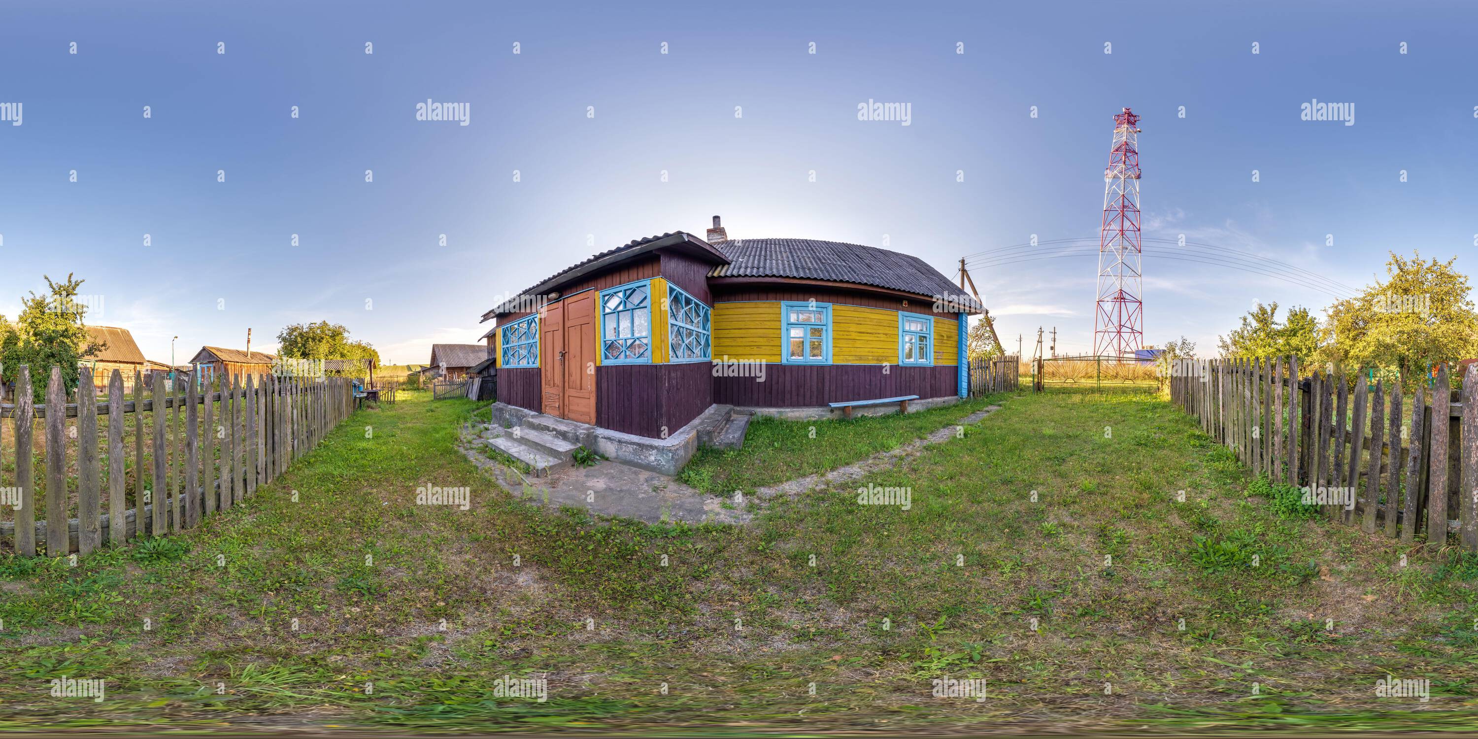 360° view of 360 hdri panorama view in yard near wooden house in ...
