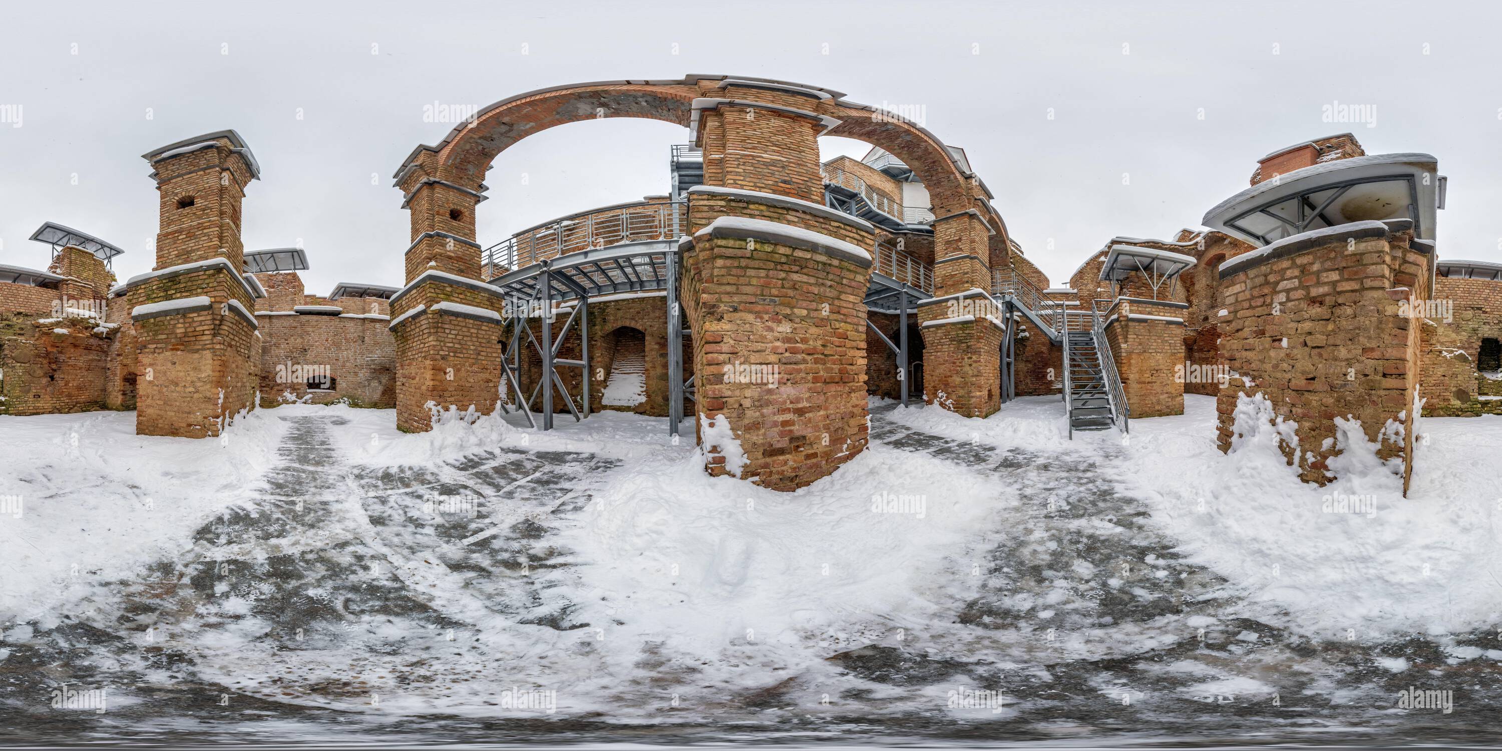 360° view of winter full hdri 360 panorama inside brick walls with ...