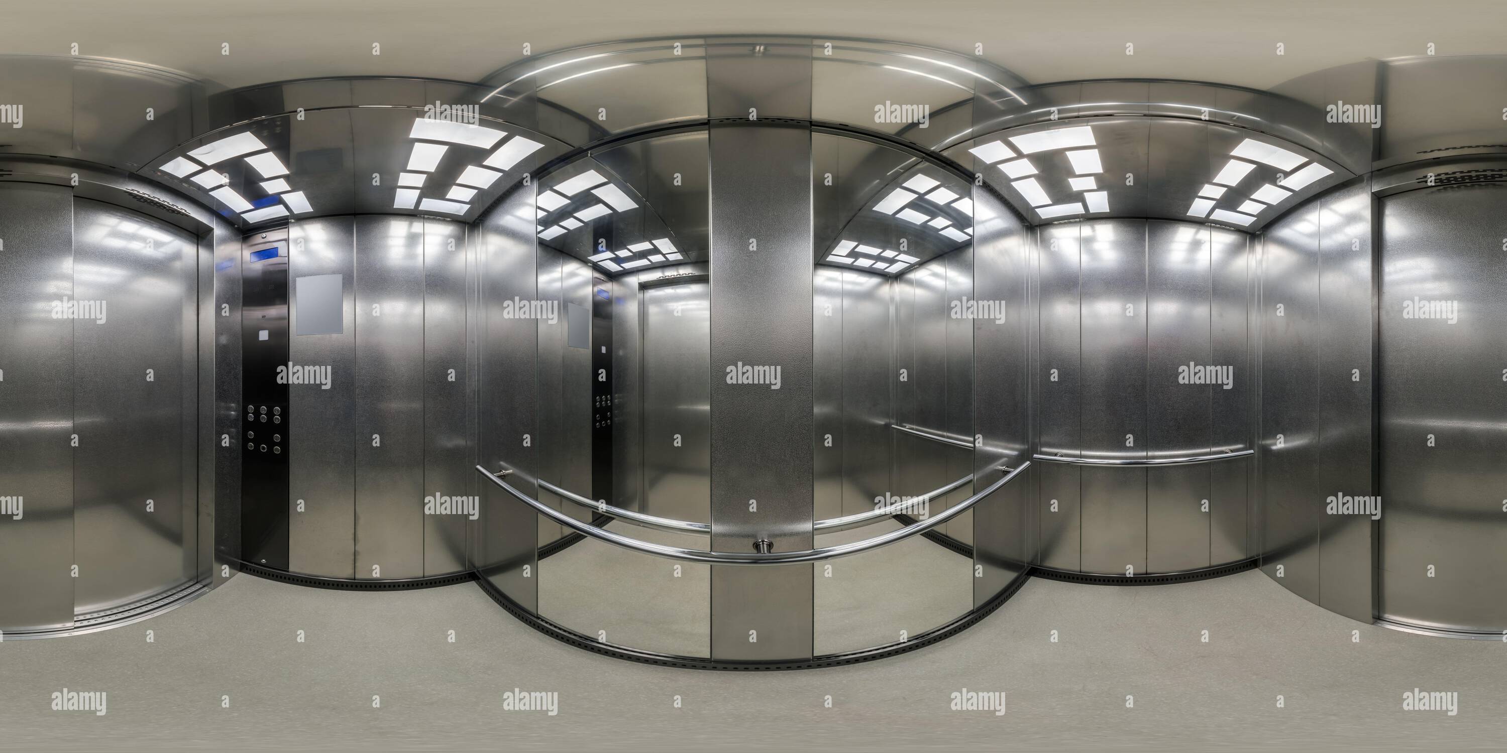 360° view of 360 hdri panorama inside interior of metal service elevator lift room with mirror ...