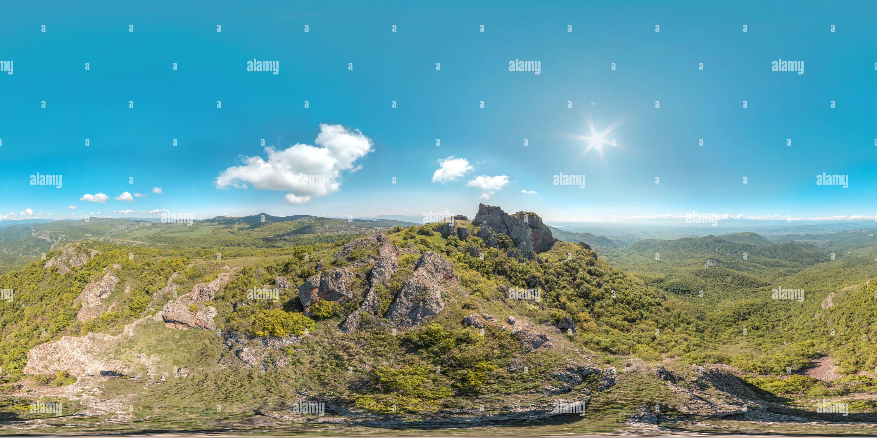 360° view of Summer mountains with rocks. sun clouds, vegetation ...