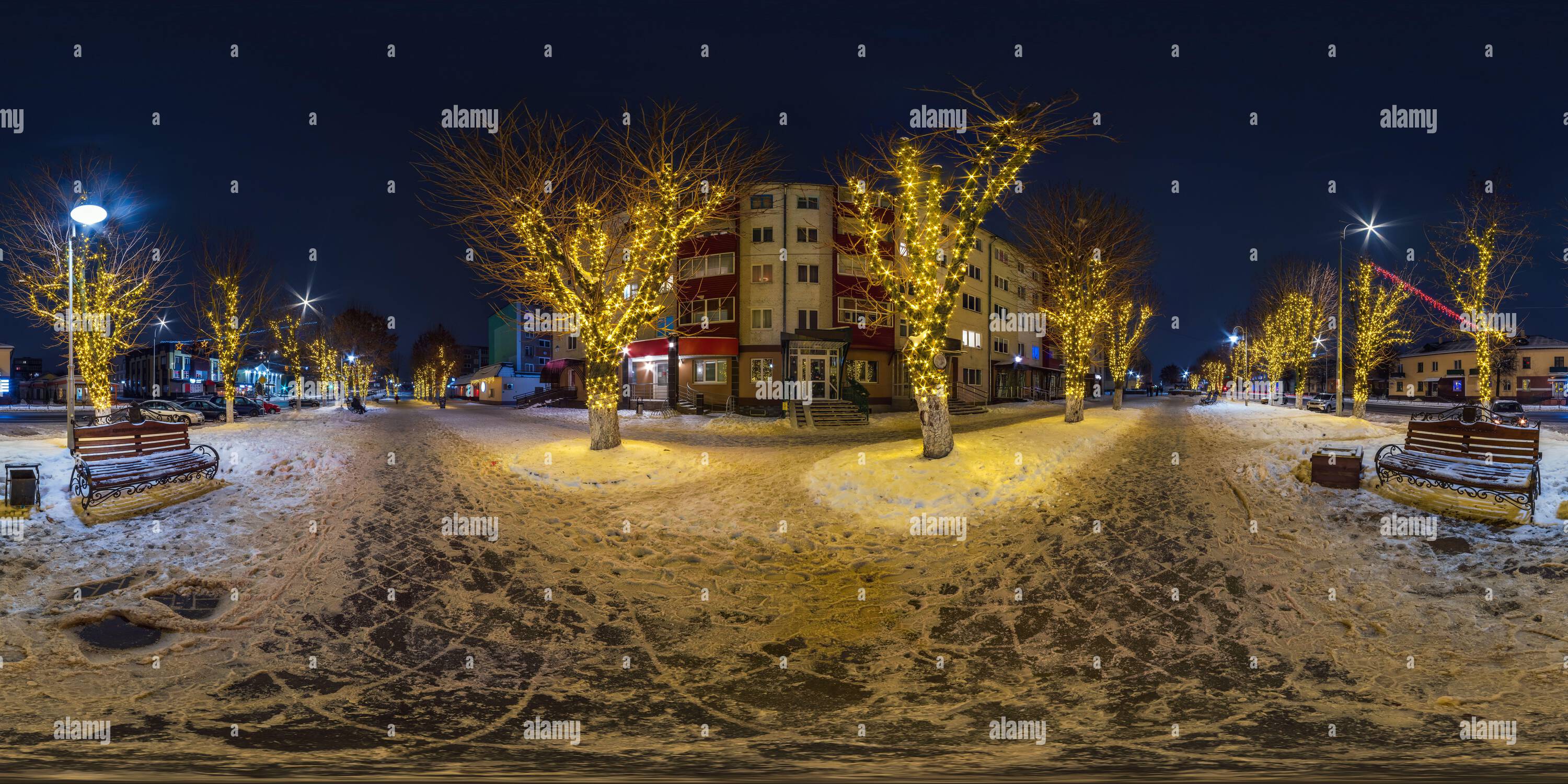 360° view of full spherical night 360 panorama in festively lit on ...