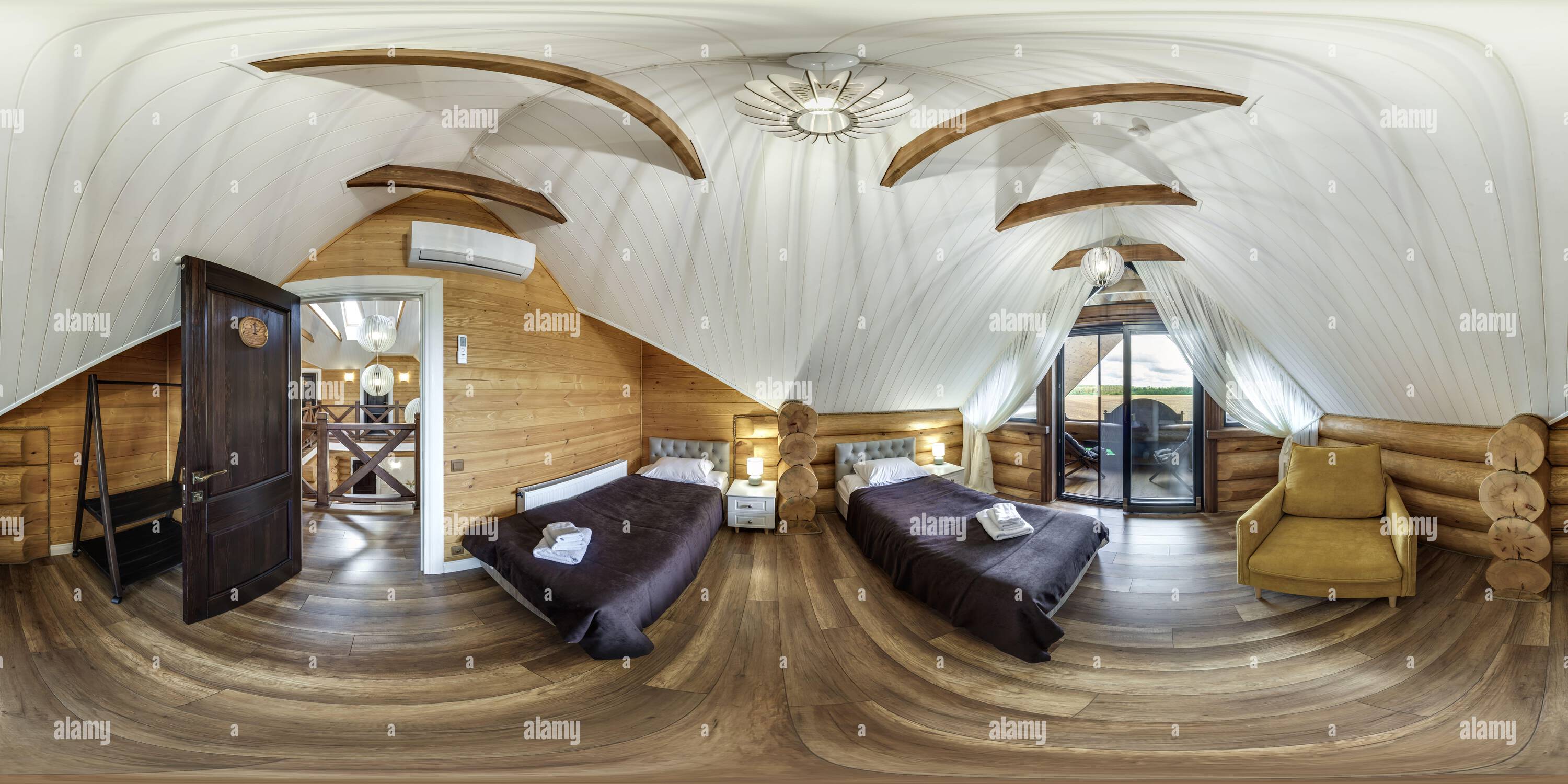 360° view of full 360 hdri panorama in interior of wooden eco bedroom ...