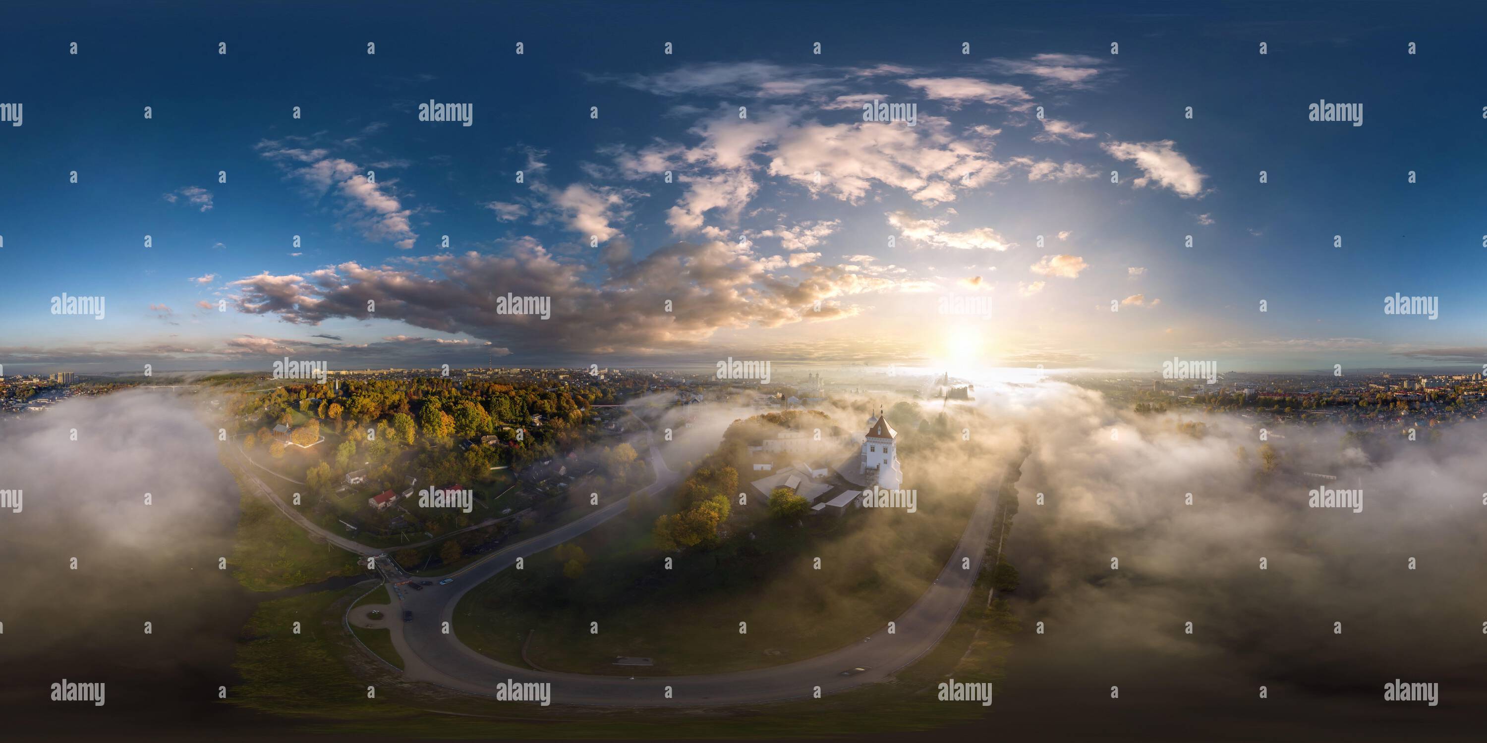 360° view of full hdri 360 panorama of earlier foggy morning and aerial ...