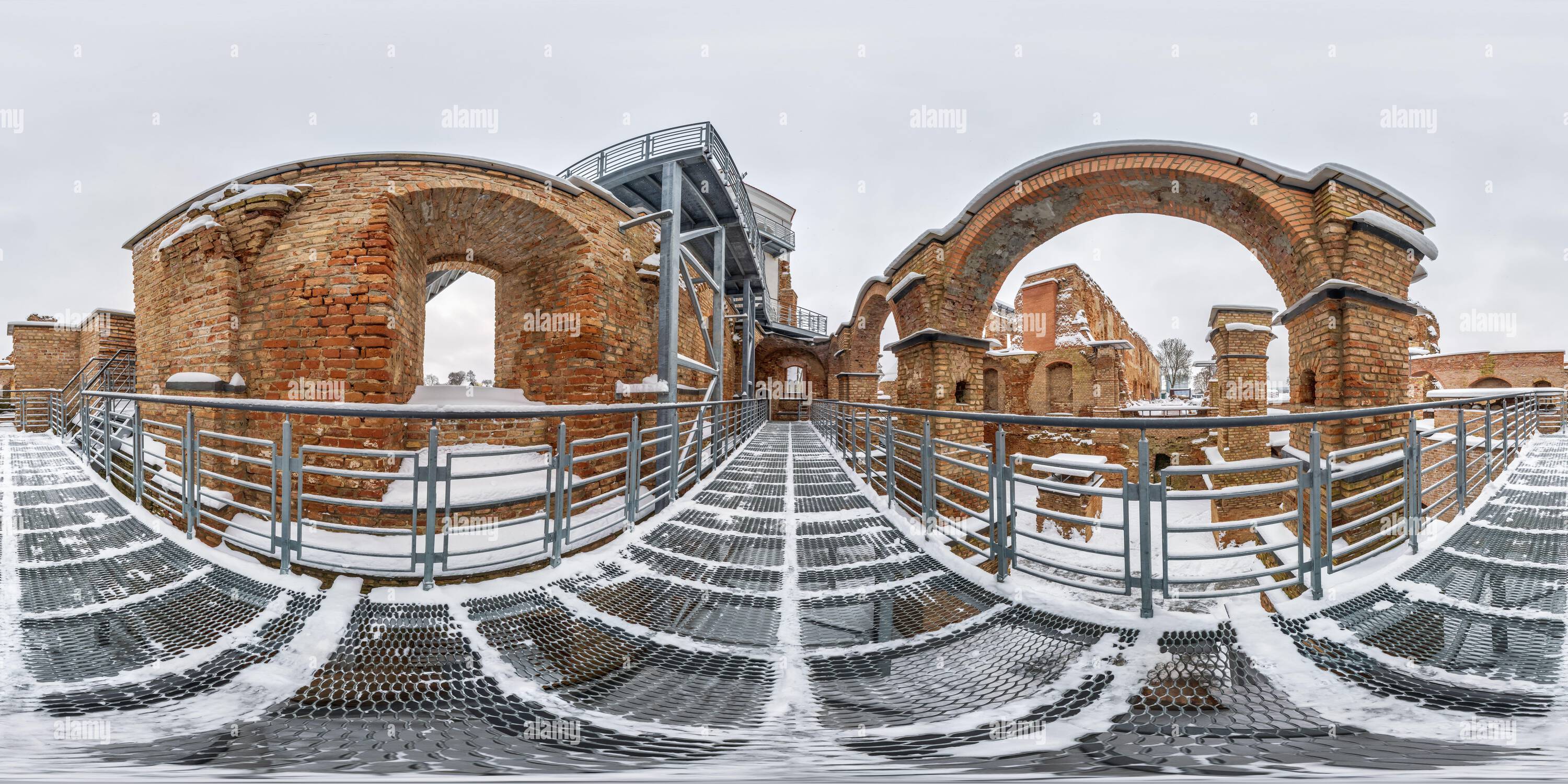 360° view of winter full hdri 360 panorama inside brick walls of old ...