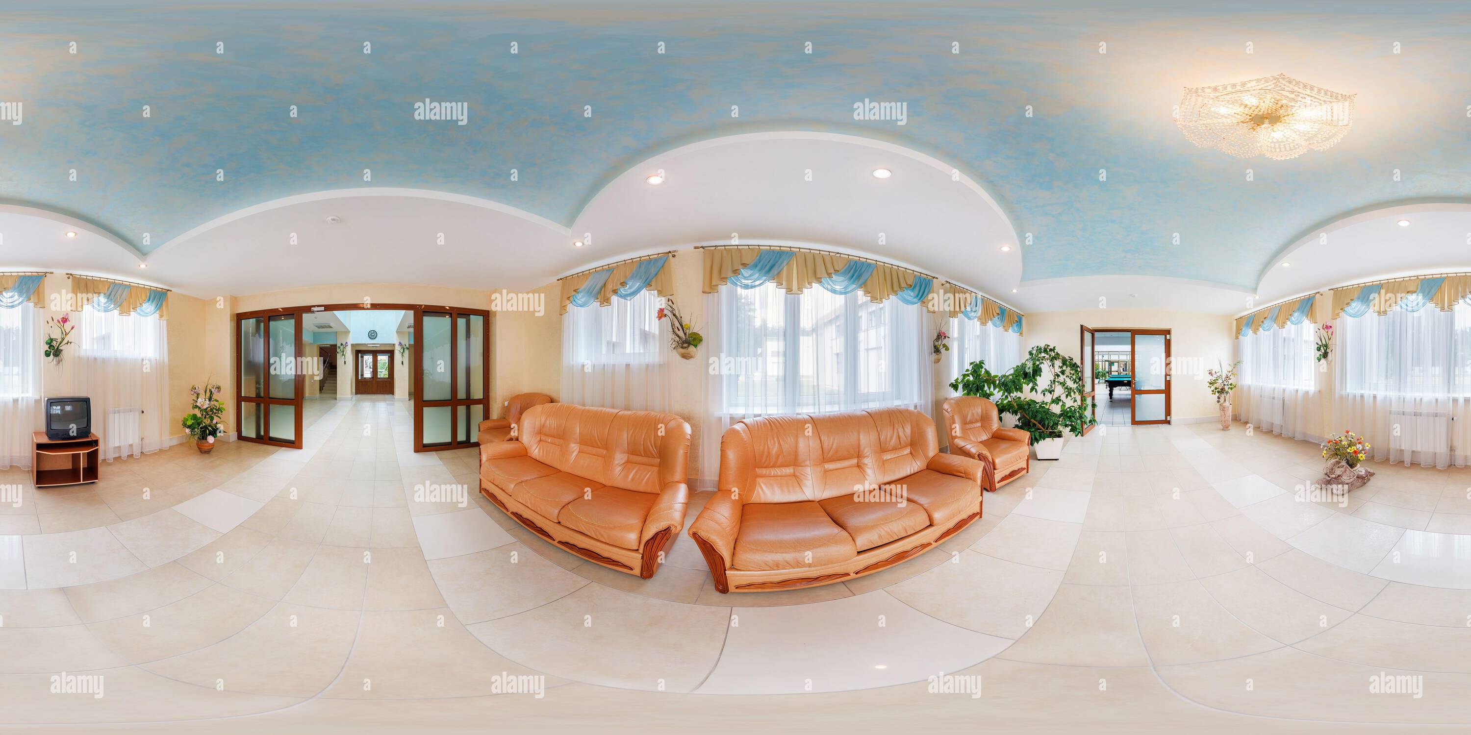 360° view of 360 panorama in stylish guest hall or restroom in hotel ...