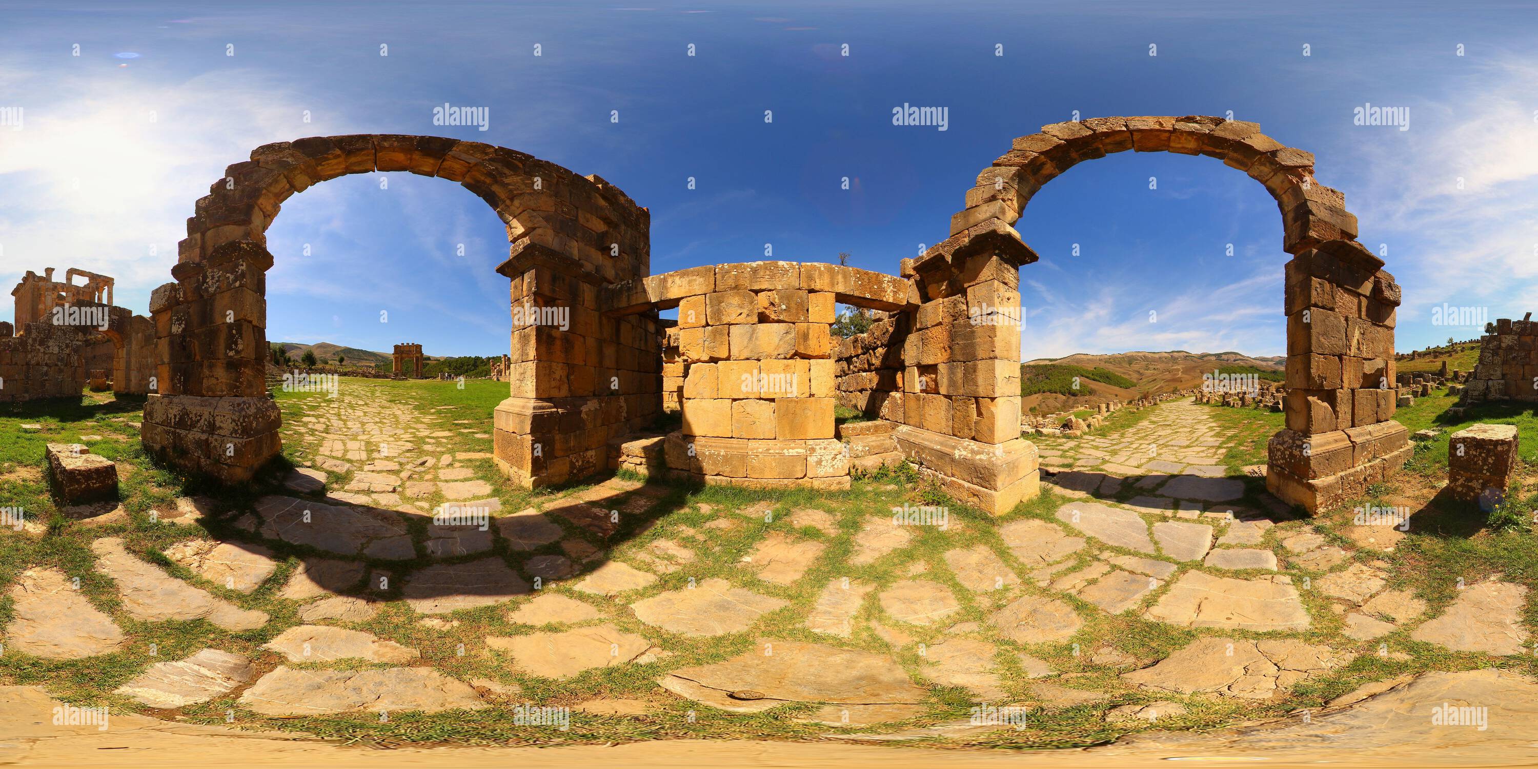 360° view of Roman ruins of Djemila, Algeria. Archs near Septimus ...