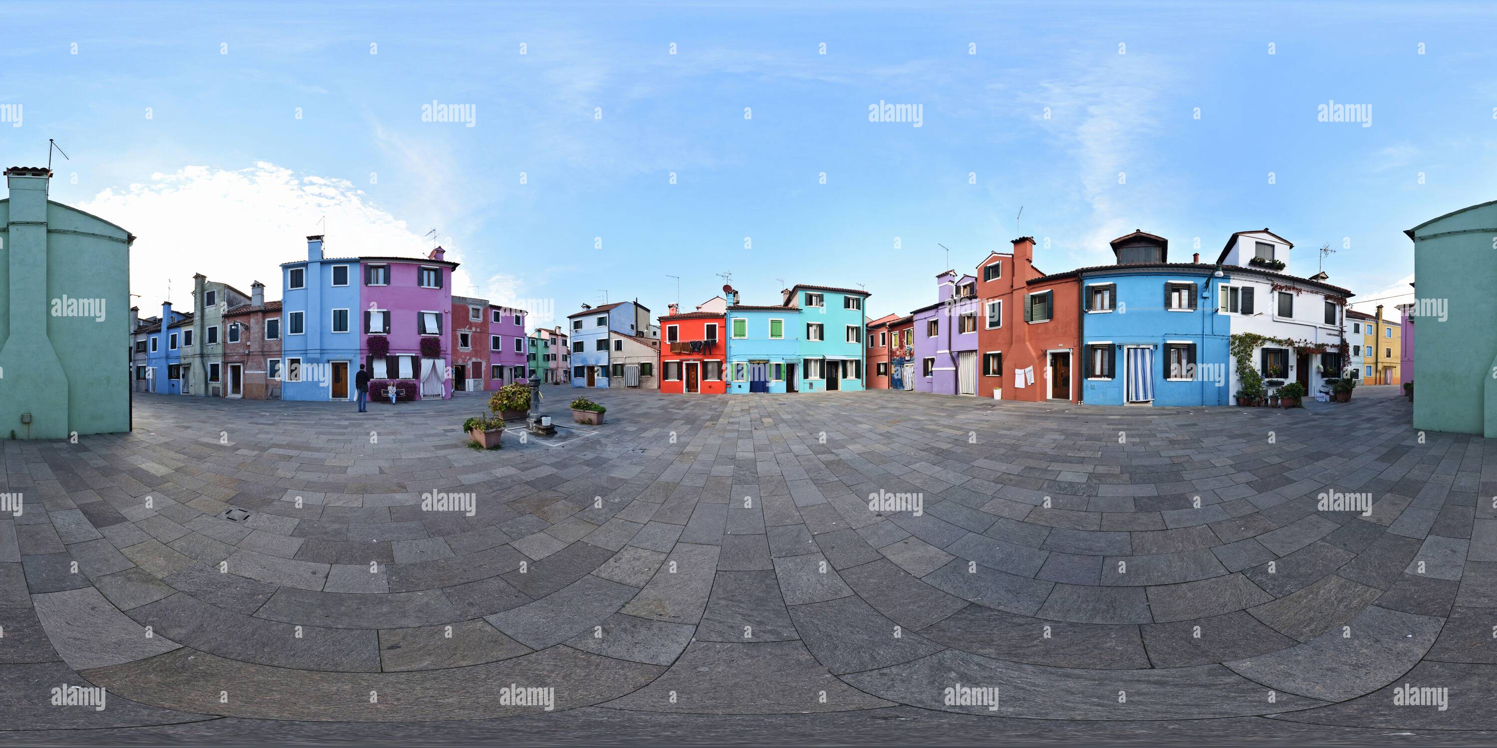 360° view of Burano, Venice a 360-degree panorama in early morning light, facades of the many ...