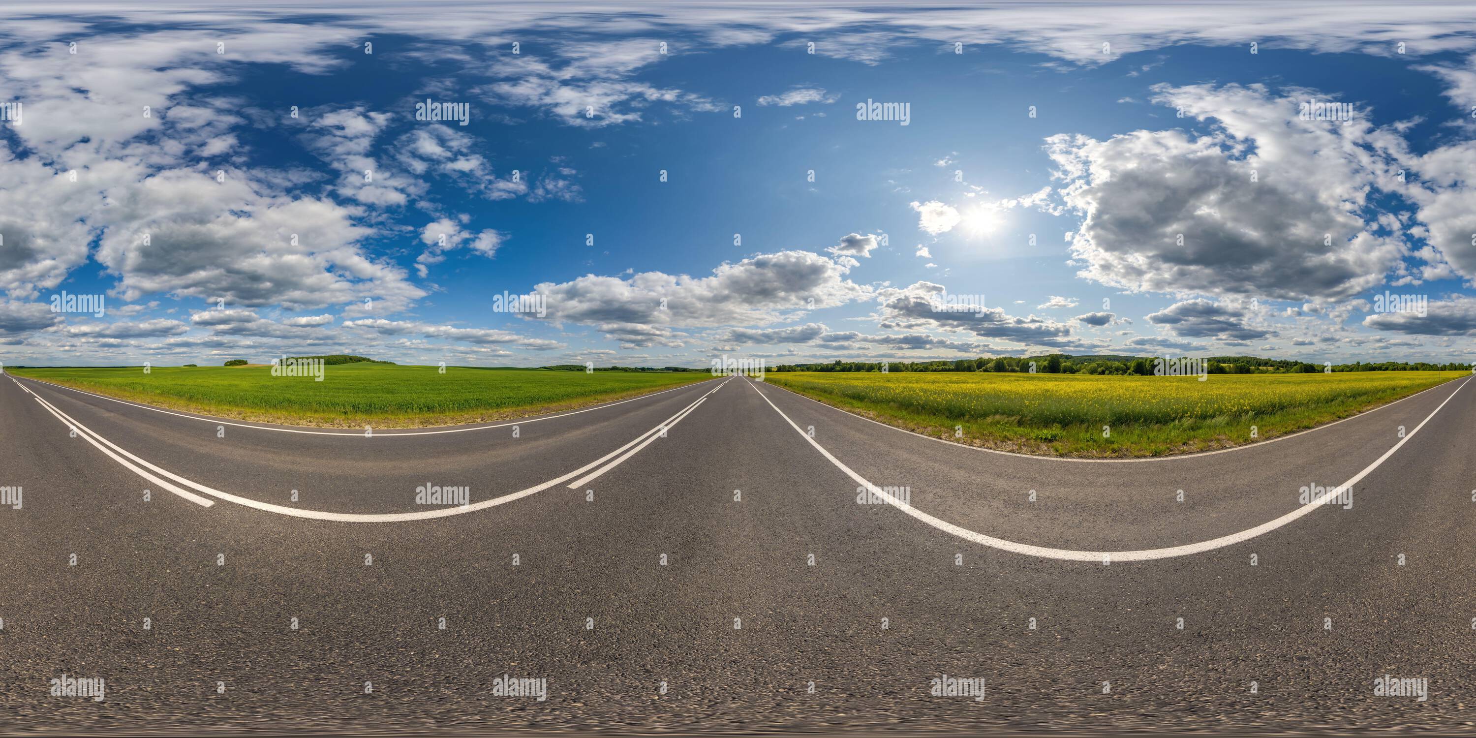 360° view of spherical 360 hdri panorama on asphalt road with dividing ...