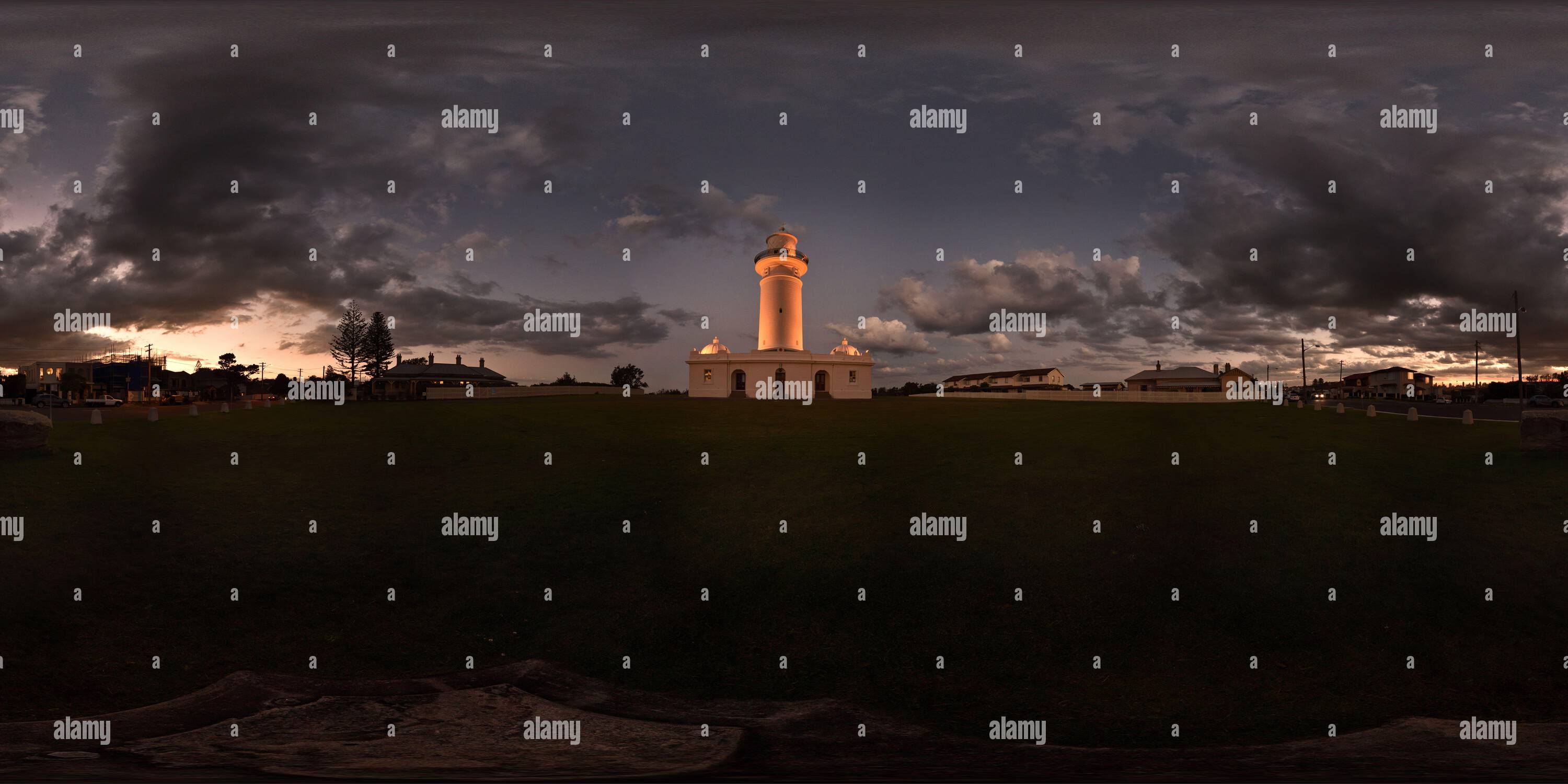 360° view of 360° Panorama of Macquarie Lighthouse at twilight with ...