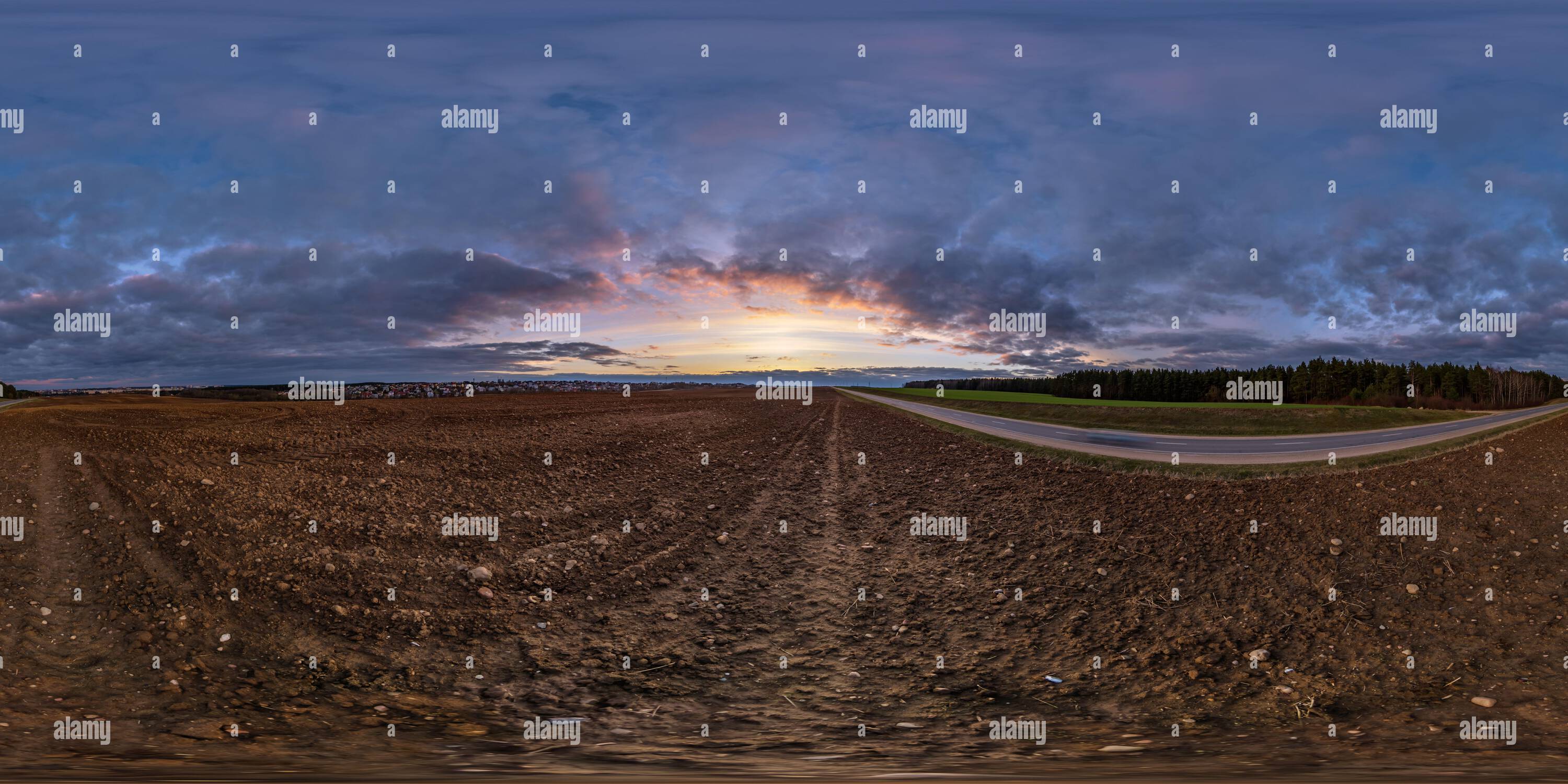360° view of 360 hdri panorama near asphalt road with evening clouds on ...
