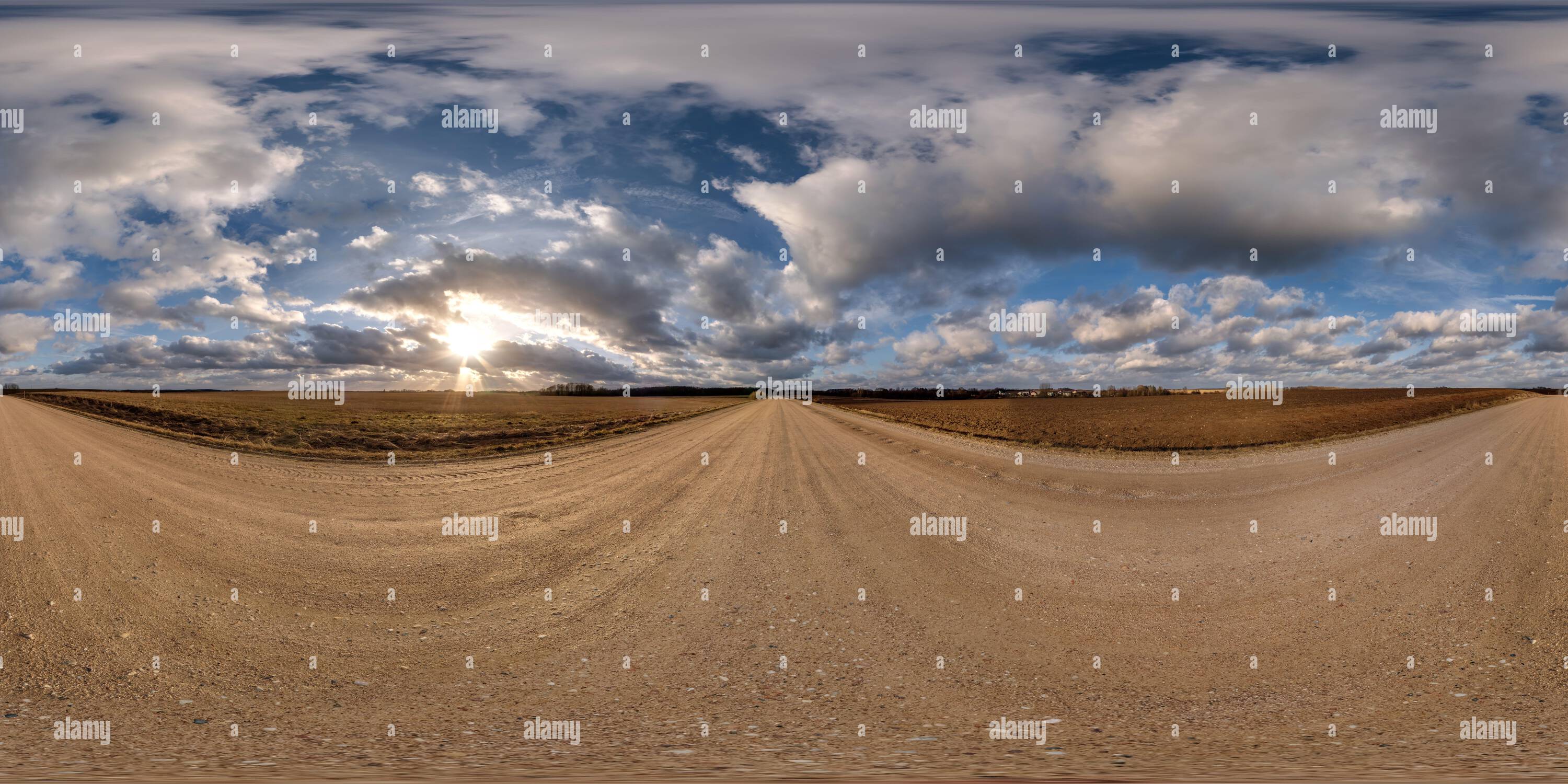 360° view of 360 hdri panorama near asphalt road with evening clouds on ...