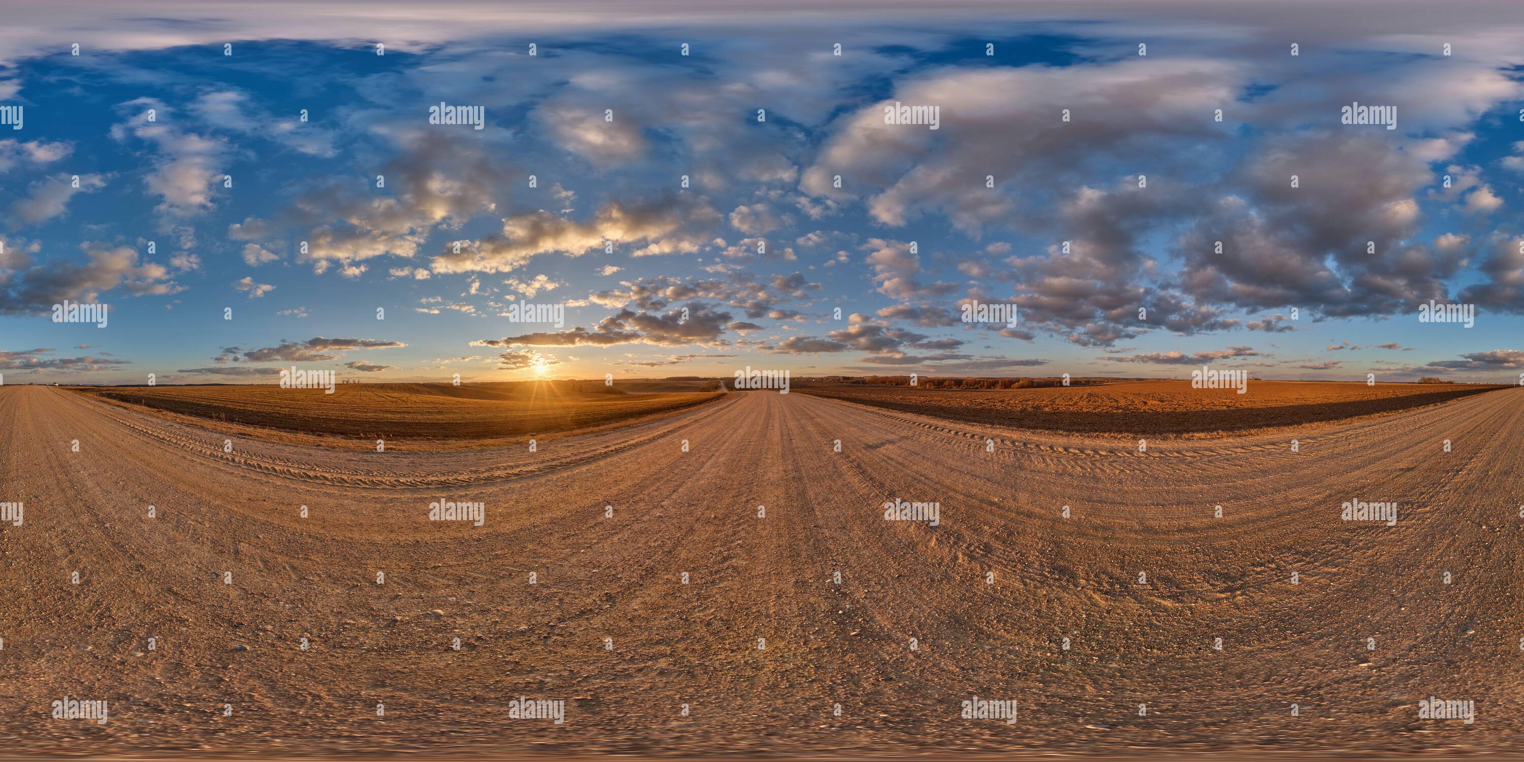 360° view of 360 hdri panorama near asphalt road with evening clouds on ...