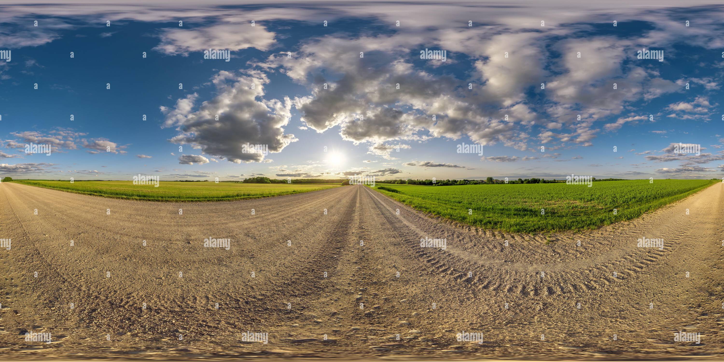360° view of 360 hdri panorama near asphalt road with evening clouds on ...