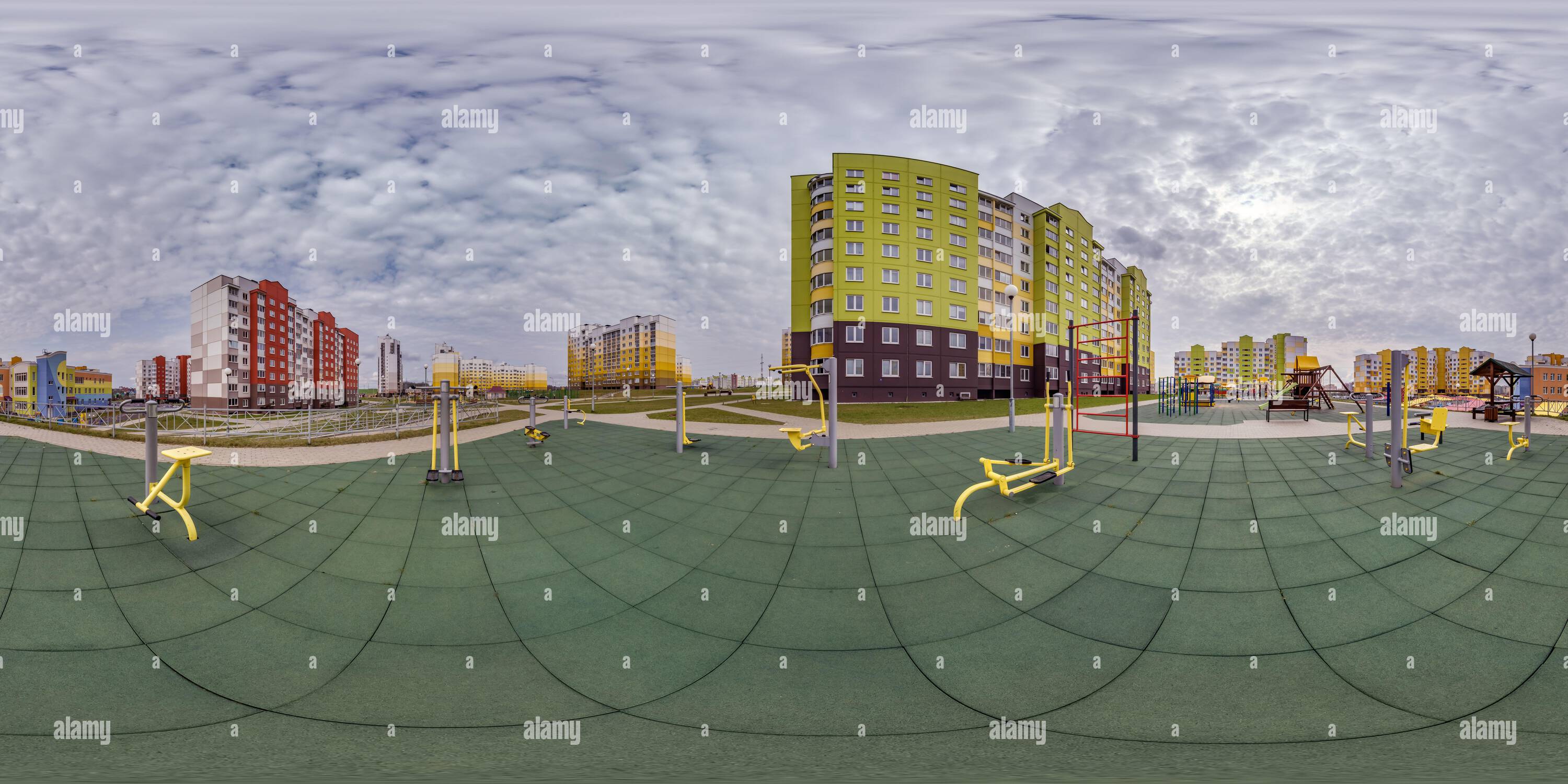 360° view of 360 hdri panorama view with skyscrapers in new modern residential complex on ...
