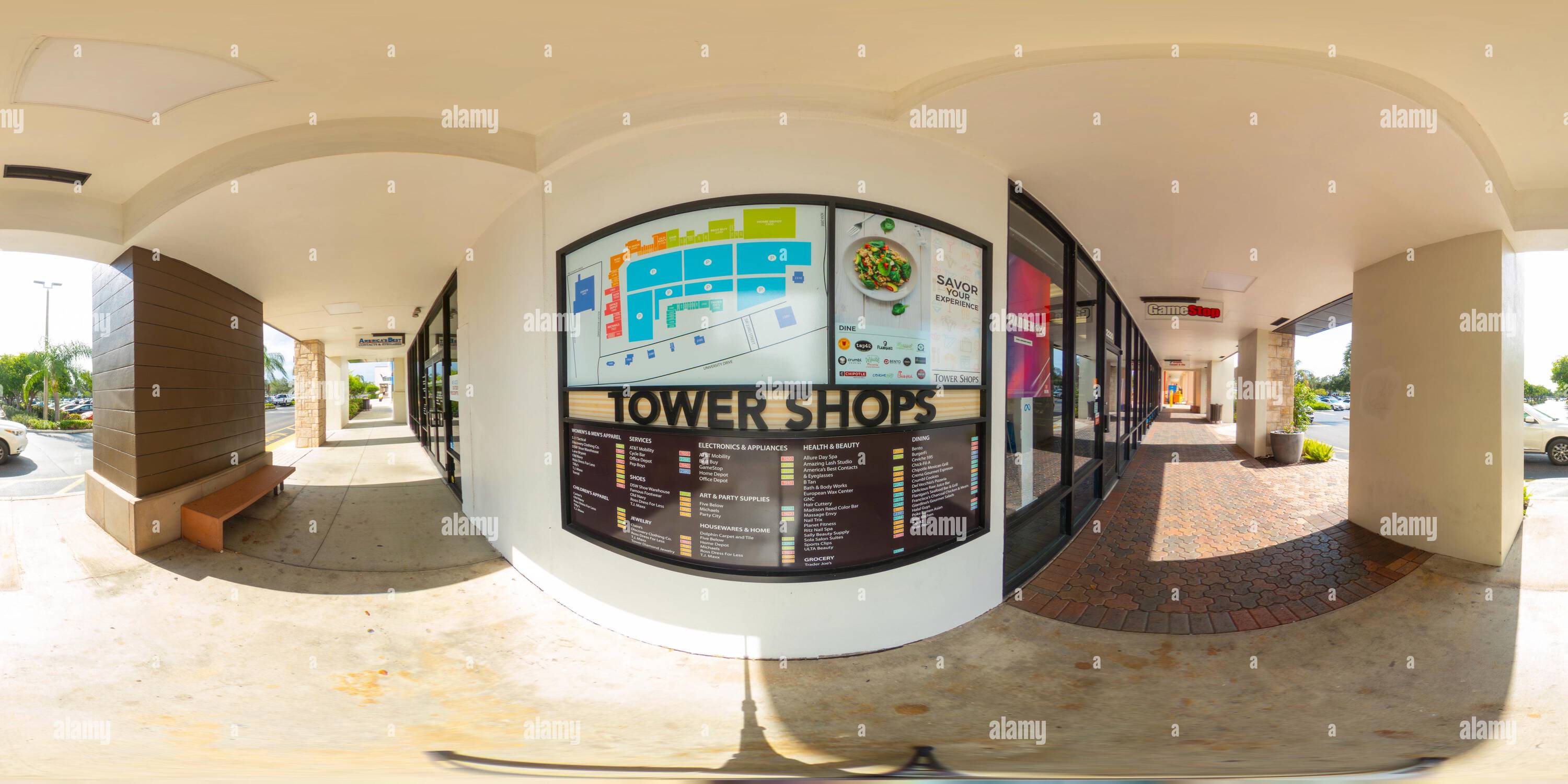 360° view of Davie, FL, USA - July 13, 2023: 360 photo of 360 photo of Tower Shops information ...