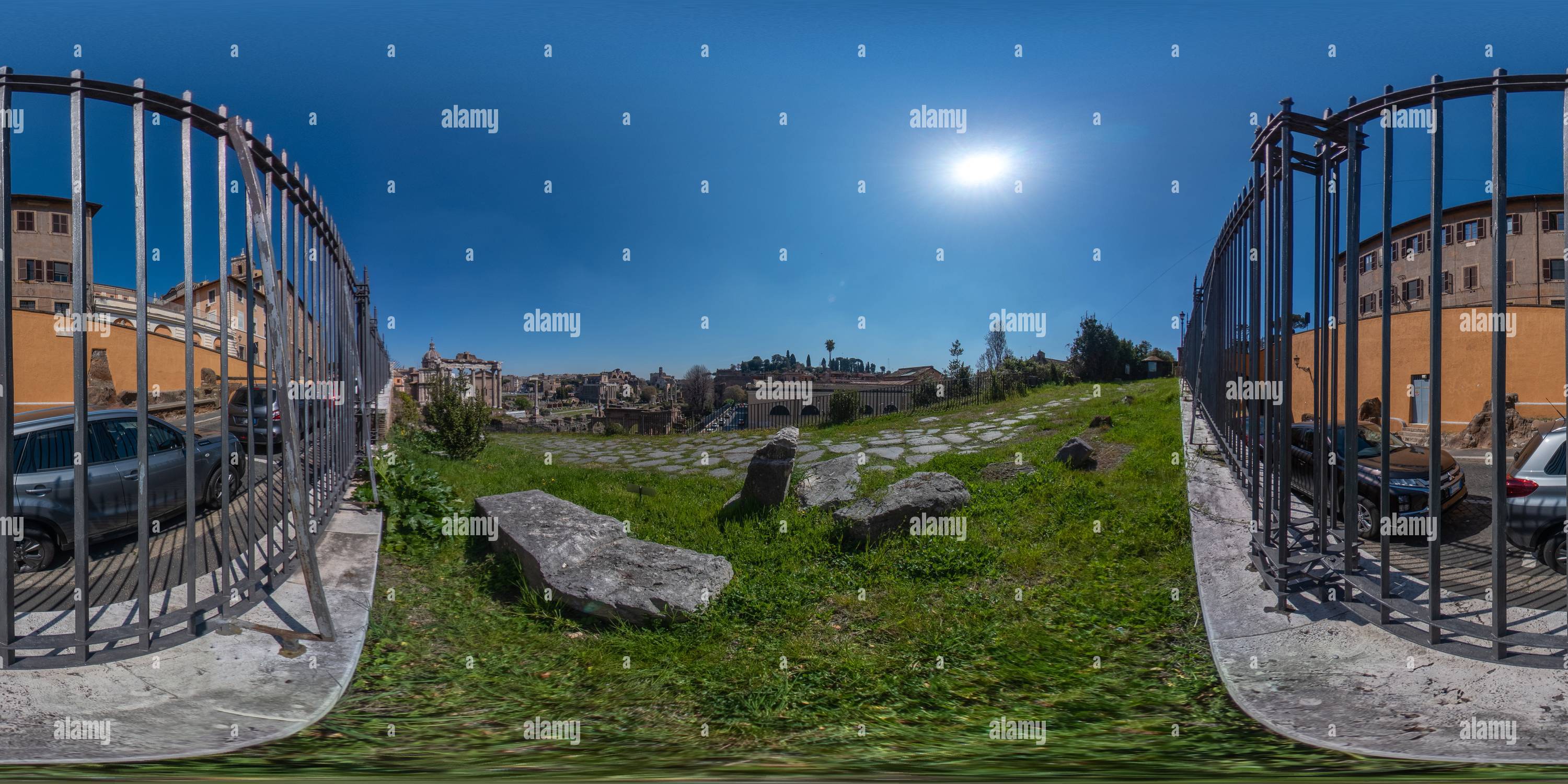 360° view of Old Roman paved road from Foro Romano to Campidoglio, Rome ...