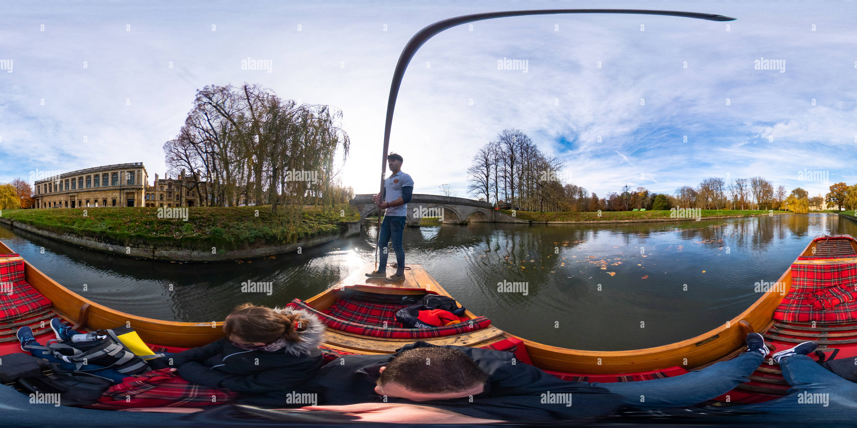 360° view of Punting along Cambridge Backs, Cambridge on a bright and ...