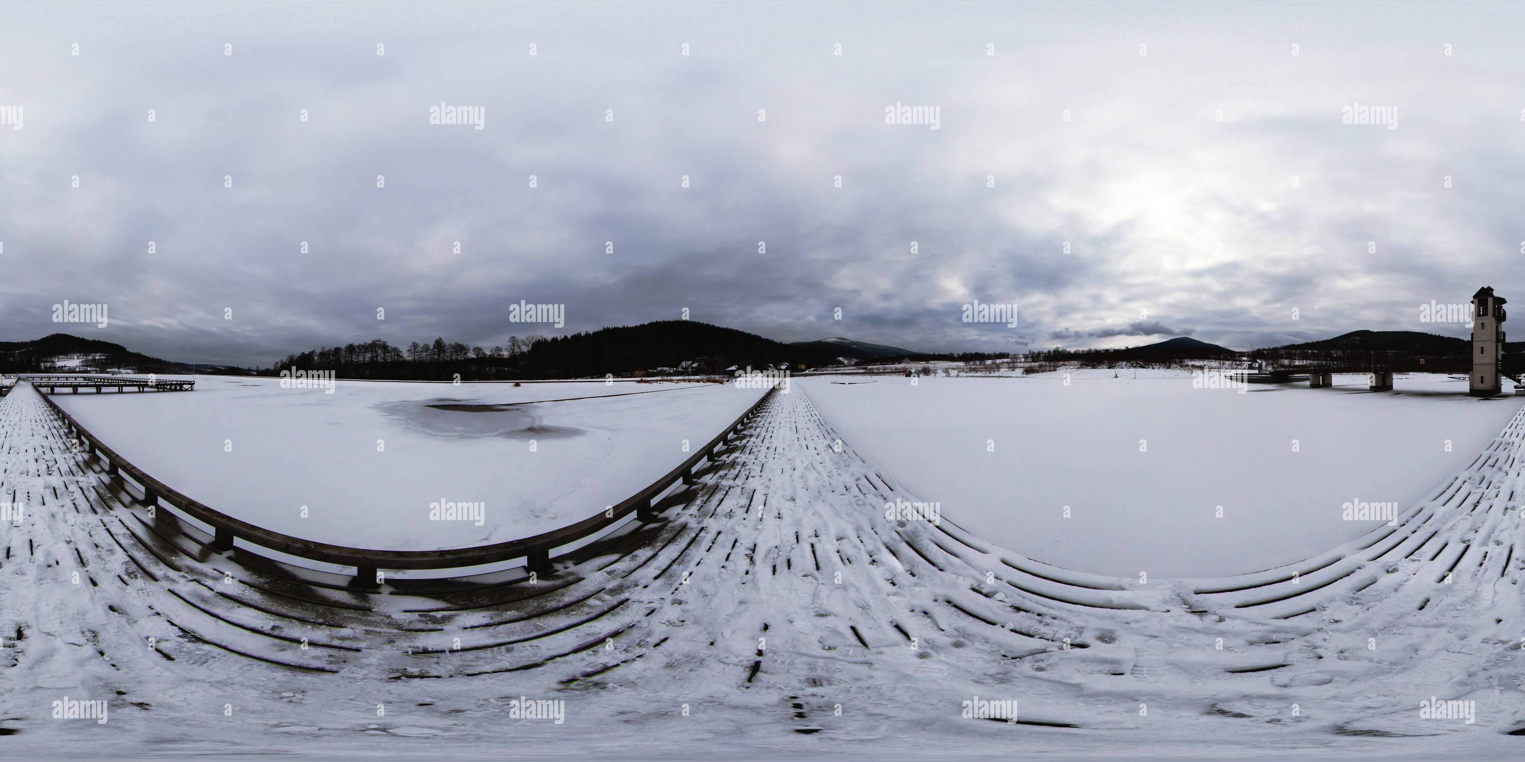 360° view of Stronie Slaskie , city beach and viewing tower in winter ...