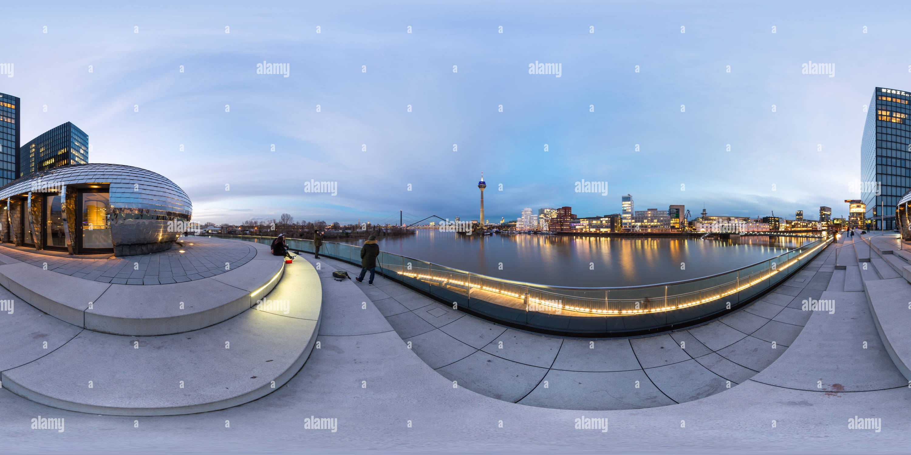 360° view of Architecture and TV Tower at the Medienhafen, Düsseldorf ...