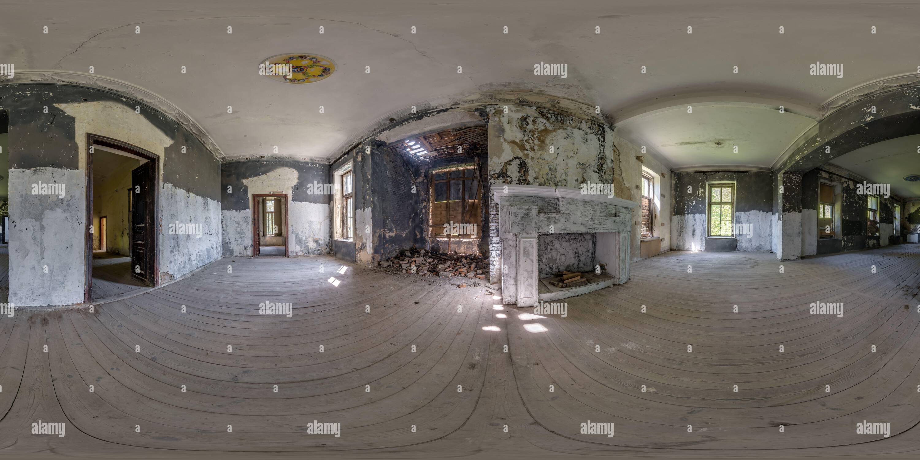 360° view of 360 hdri panorama inside empty abandoned concrete room or ...