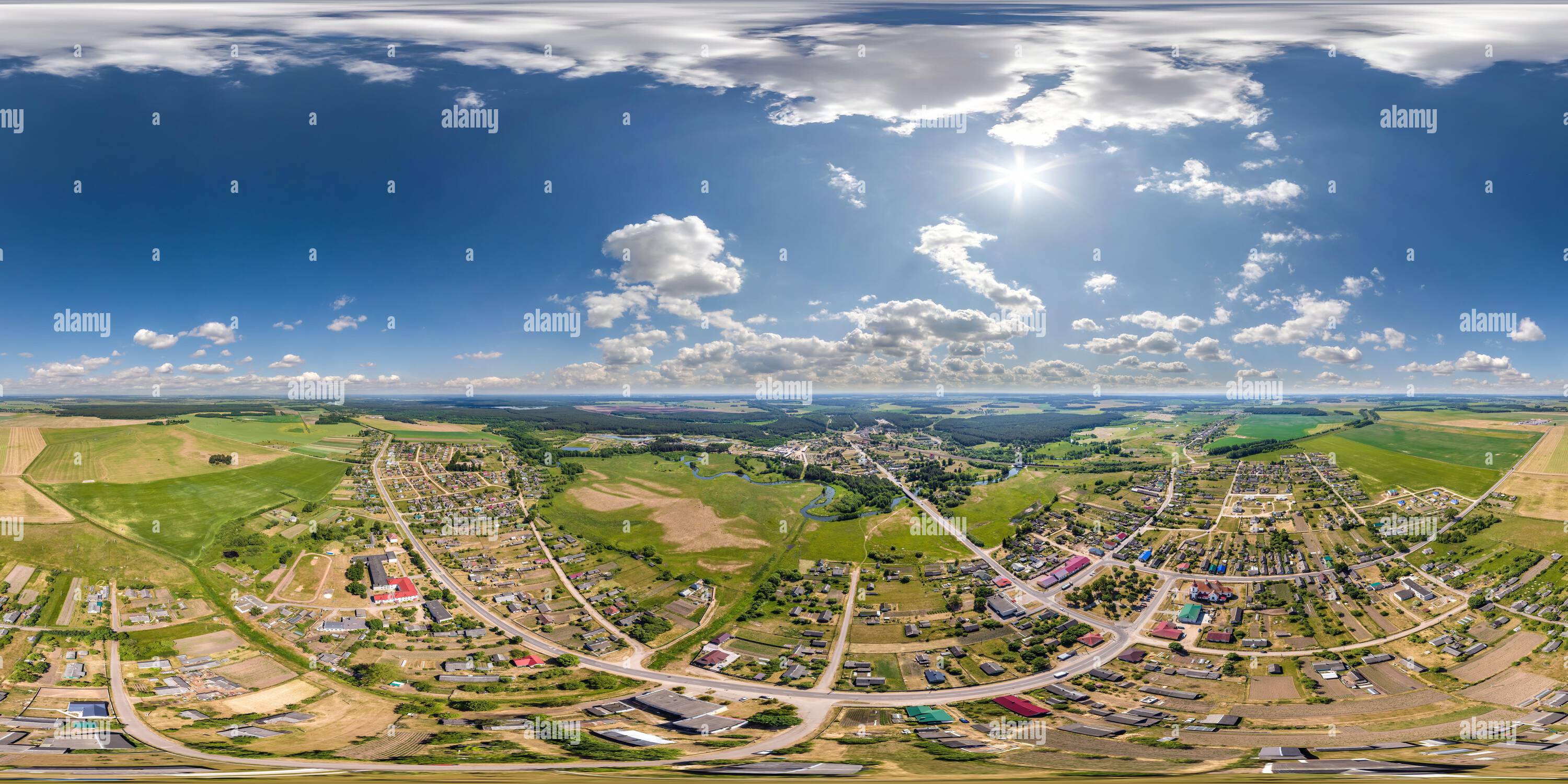 360° view of aerial hdri 360 panorama view over provincial town from ...
