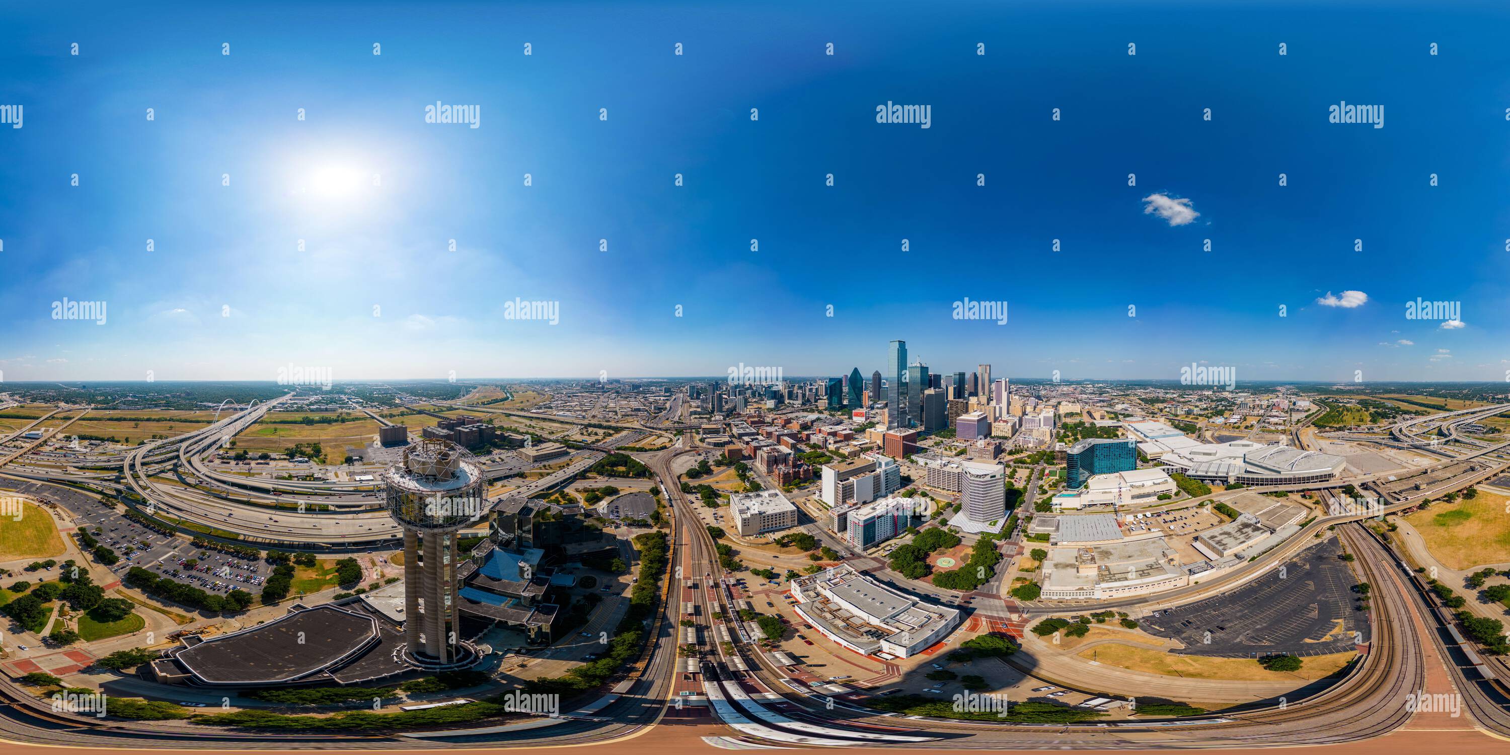 360° view of Dallas, TX, USA - July 28, 2023: Aerial drone 360 photo Reunion Tower Downtown ...