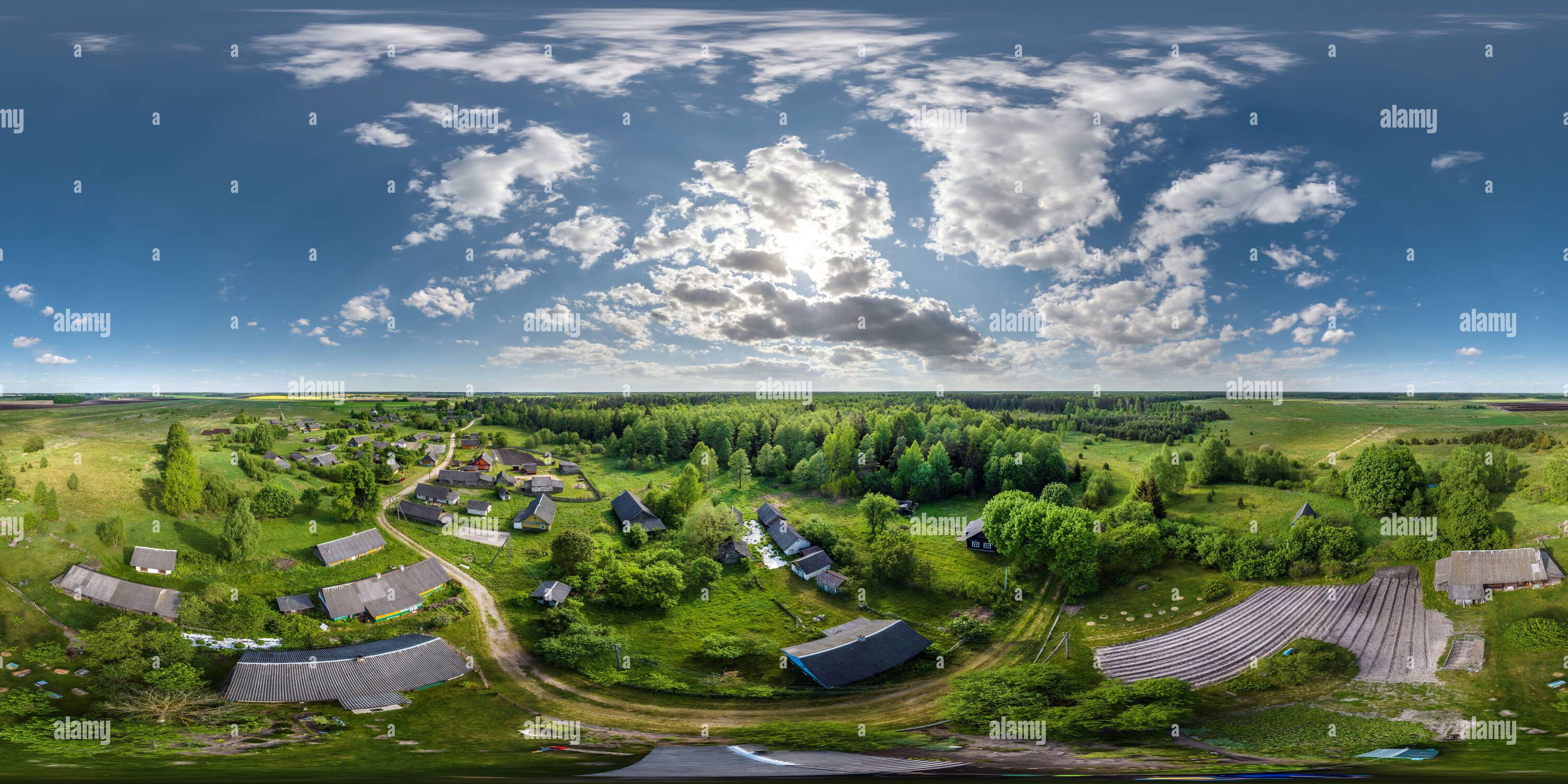 360° view of 360 hdri panorama view over abandoned eco village in ...