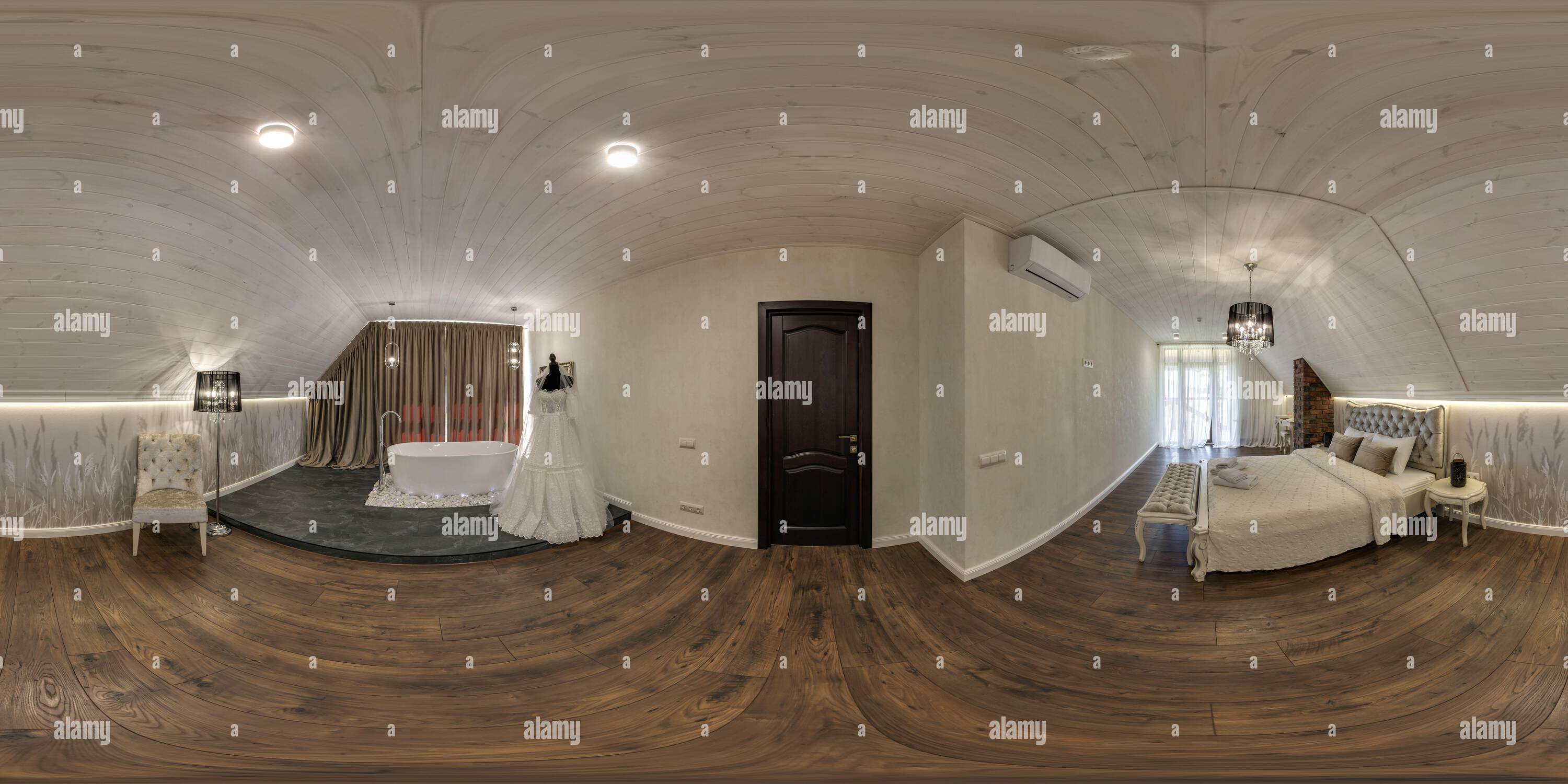 360° view of 360 hdri panorama in interior of vip wooden eco bedroom in ...