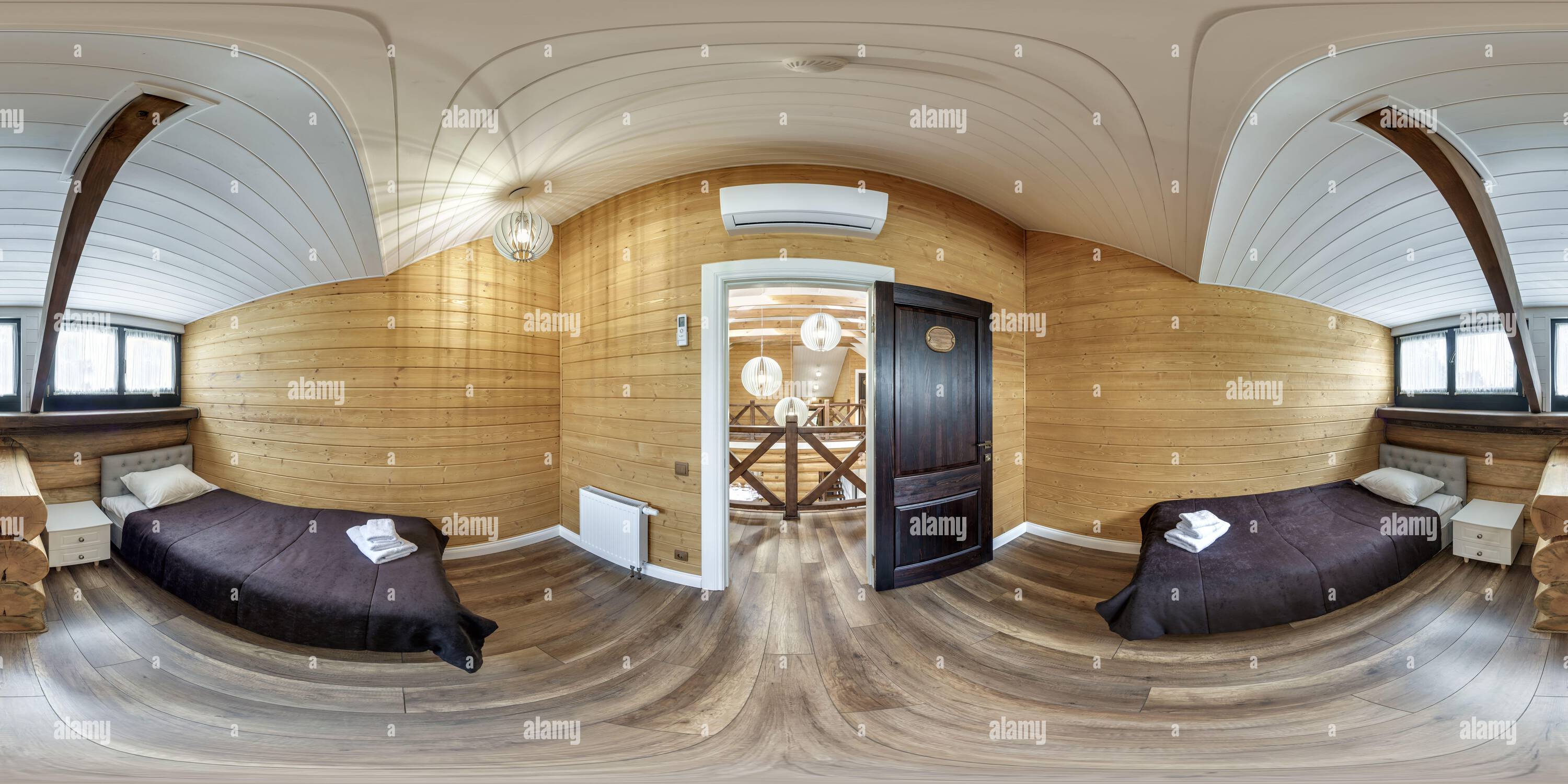 360° view of 360 hdri panorama in interior of wooden eco bedroom in ...