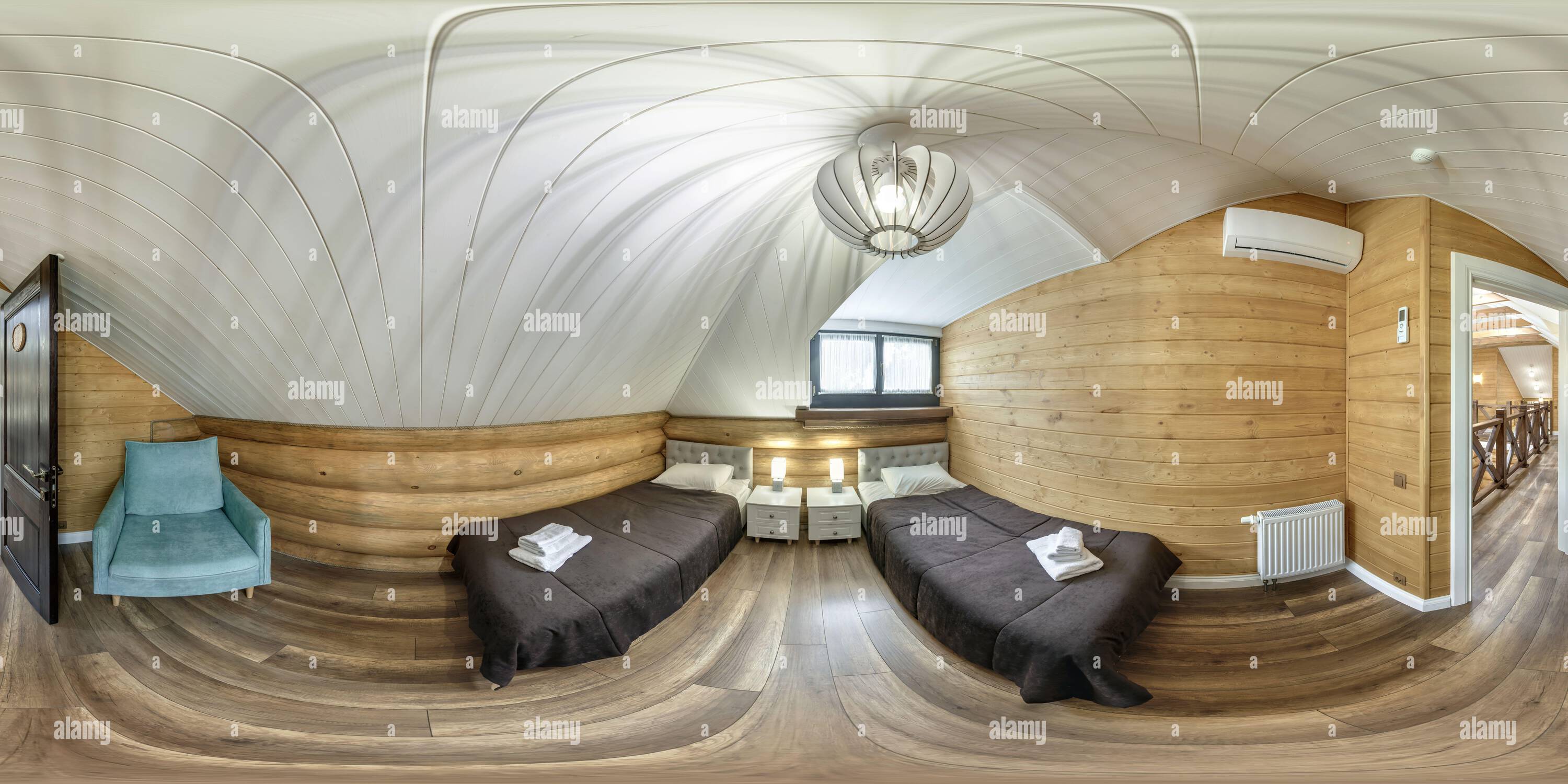 360° view of 360 hdri panorama in interior of wooden eco bedroom in ...