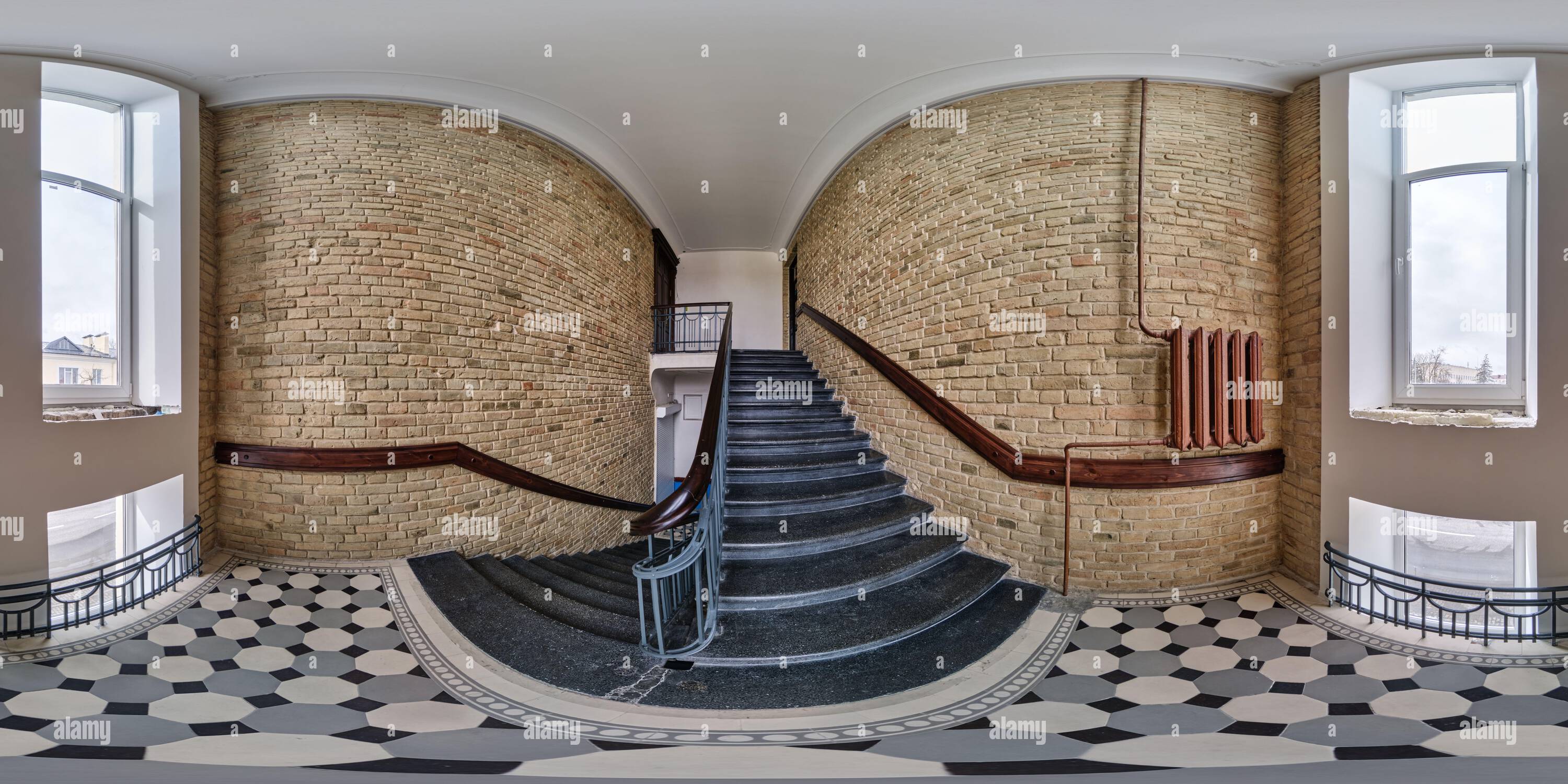 360° view of emergency and evacuation exit stair in up ladder with ...