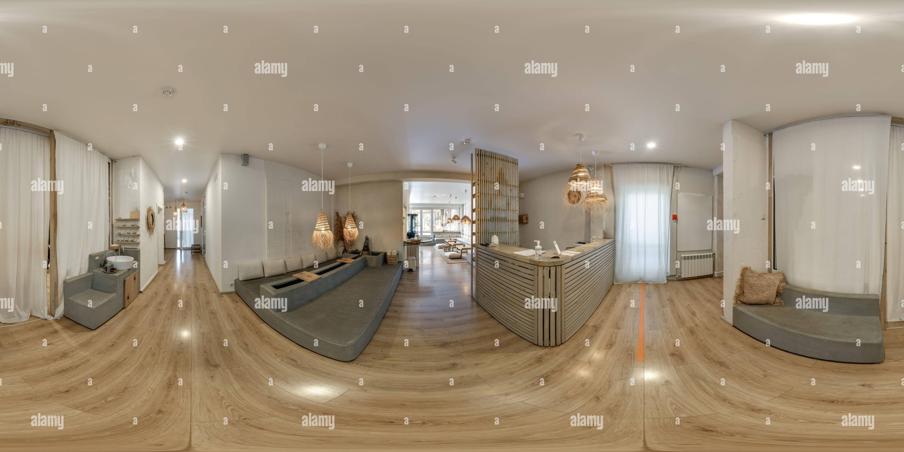 360° view of 360 hdri panorama in loft reception in cafe with corridor ...